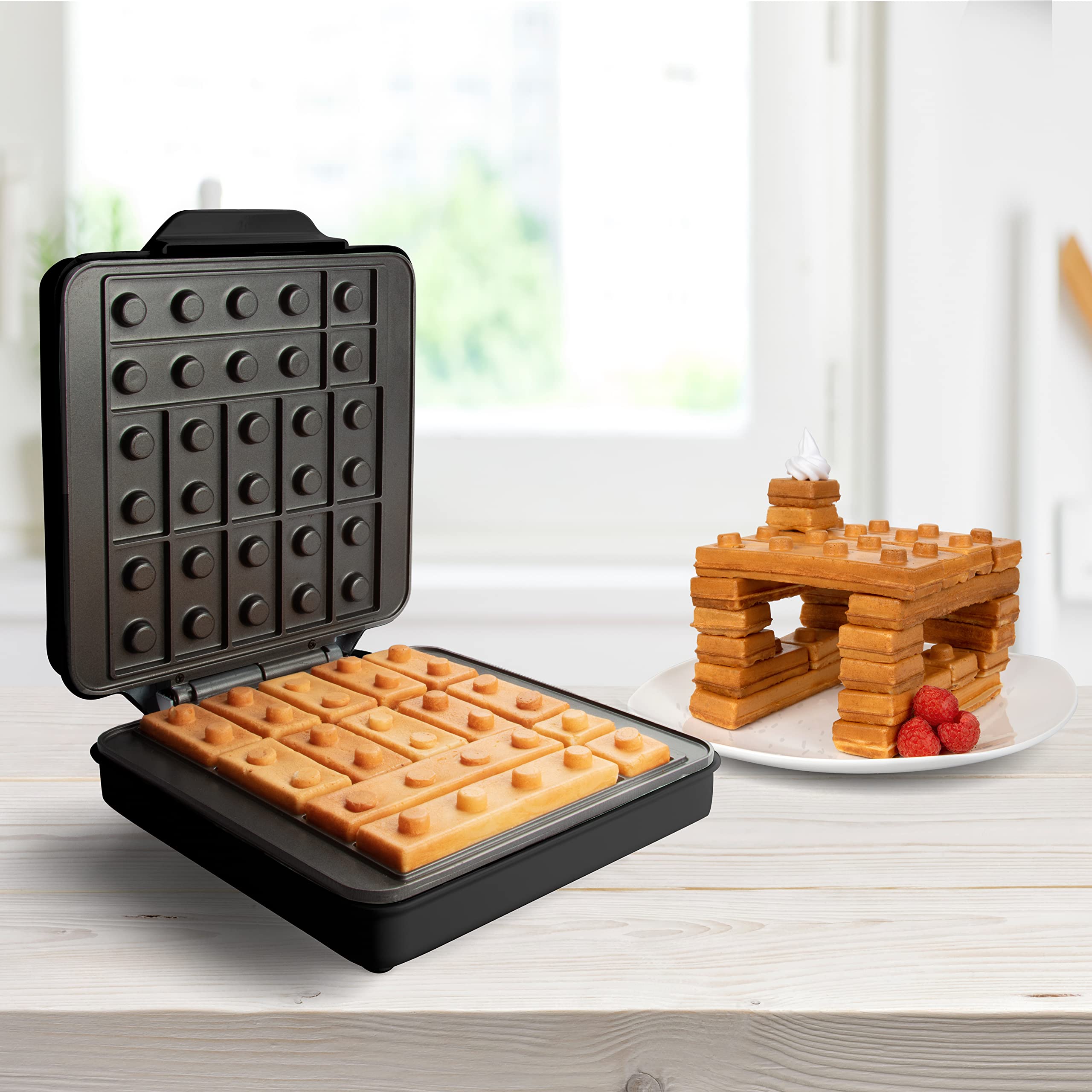 Building Brick Electric Waffle Maker - BLACK with 2 Construction Eating Plates - Cook Fun, Buildable Waffles in Minutes - Revolutionize Breakfast - Stack & Build on Serving Dishes, Great Gift
