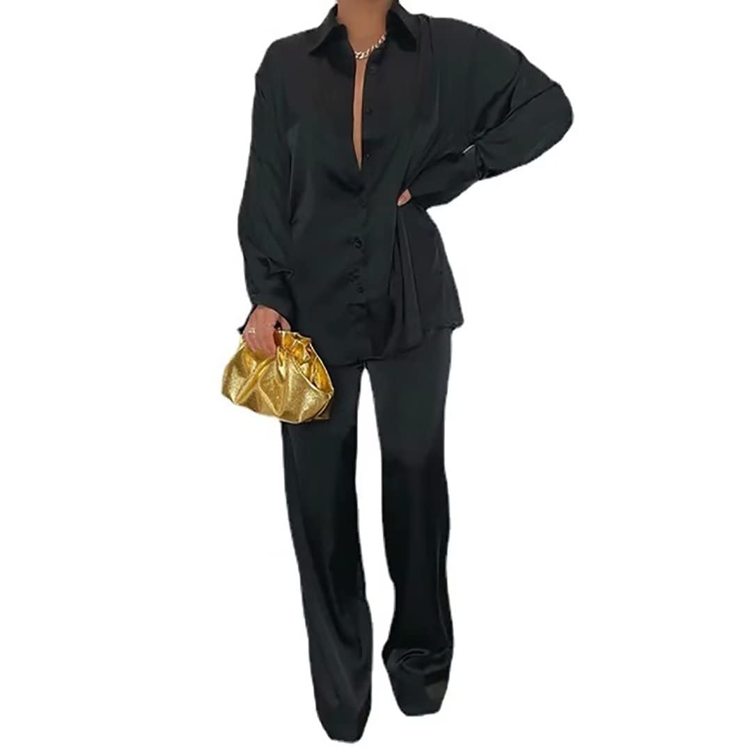 Elainone Satin Two Piece Outfits for Women Button Down Long Sleeve Shirt and High Waist Casual Pants Set Work Outfits Black XL