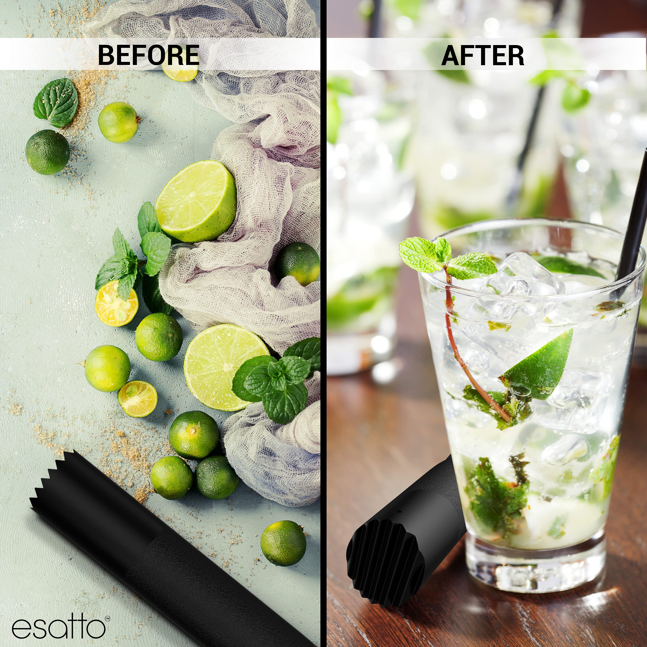 Esatto Professional Bar Tool Muddler 25 CM (10 Inches) Ribbed β Made with ABS Plastic β Durable and Ribbed for Mashing Fruits, Berries, Sugar, Spices, and Herbs (Black)