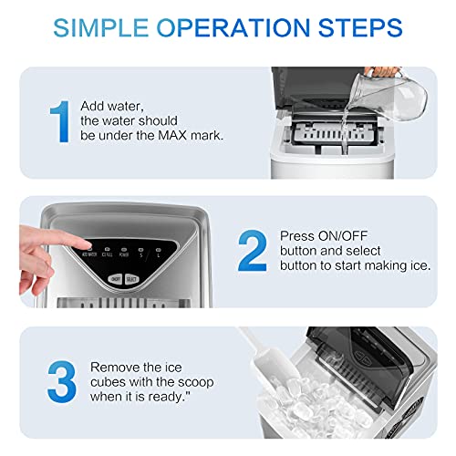 Ice Cube Makers Countertop, Self-Cleaning Function, Portable Electric Machine, 9 Pebble Ice Ready in 6 Mins, 26lbs 24Hrs with Ice Bags and Ice Scoop Basket for Home Bar Camping RV(Silver)