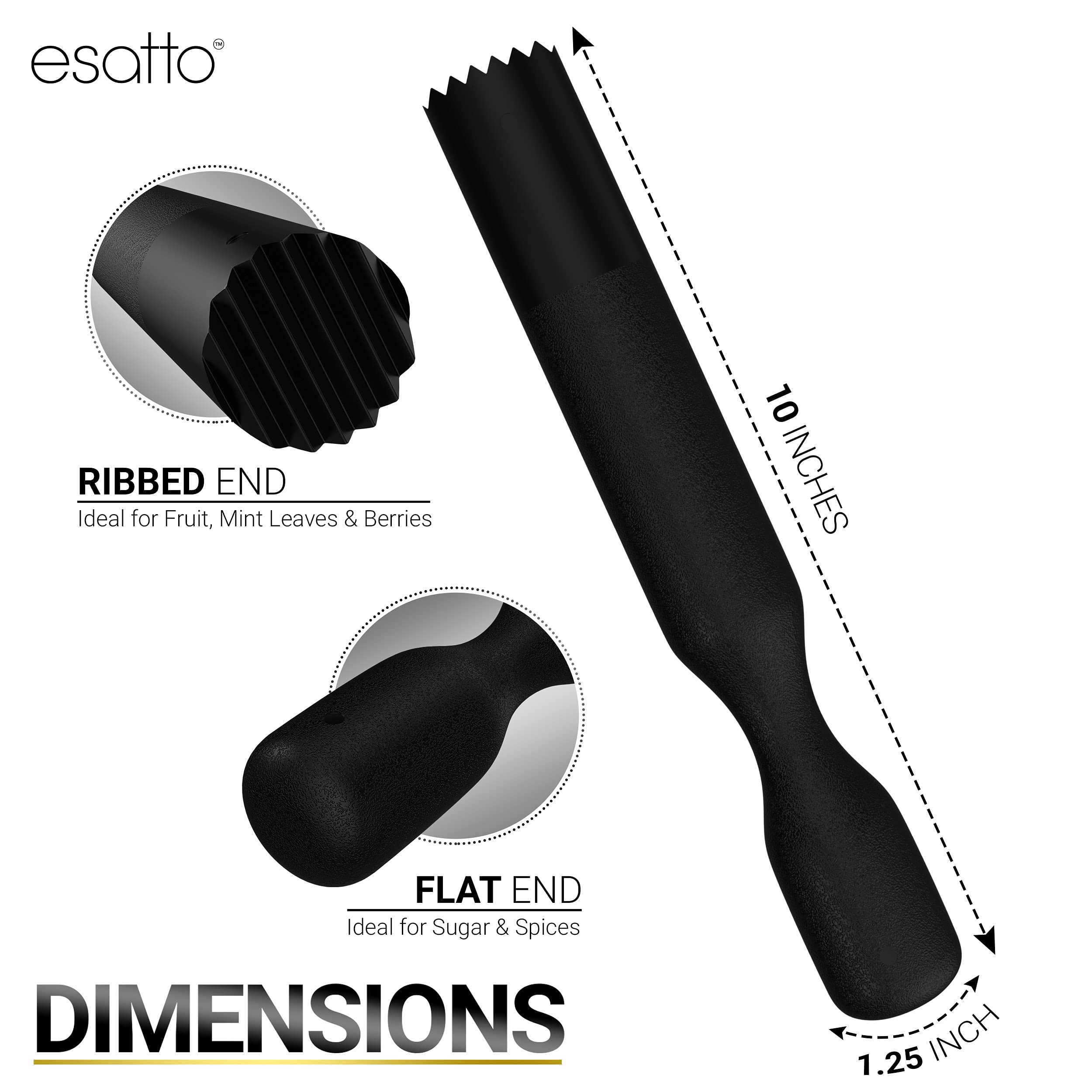 Esatto Professional Bar Tool Muddler 25 CM (10 Inches) Ribbed β Made with ABS Plastic β Durable and Ribbed for Mashing Fruits, Berries, Sugar, Spices, and Herbs (Black)