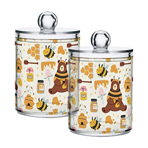 MNSRUU 2 Pack Qtip Holder Organizer Dispenser Bear Bee Bathroom Storage Canister Cotton Ball Holder Bathroom Containers for Cotton Swabs/Pads/Floss