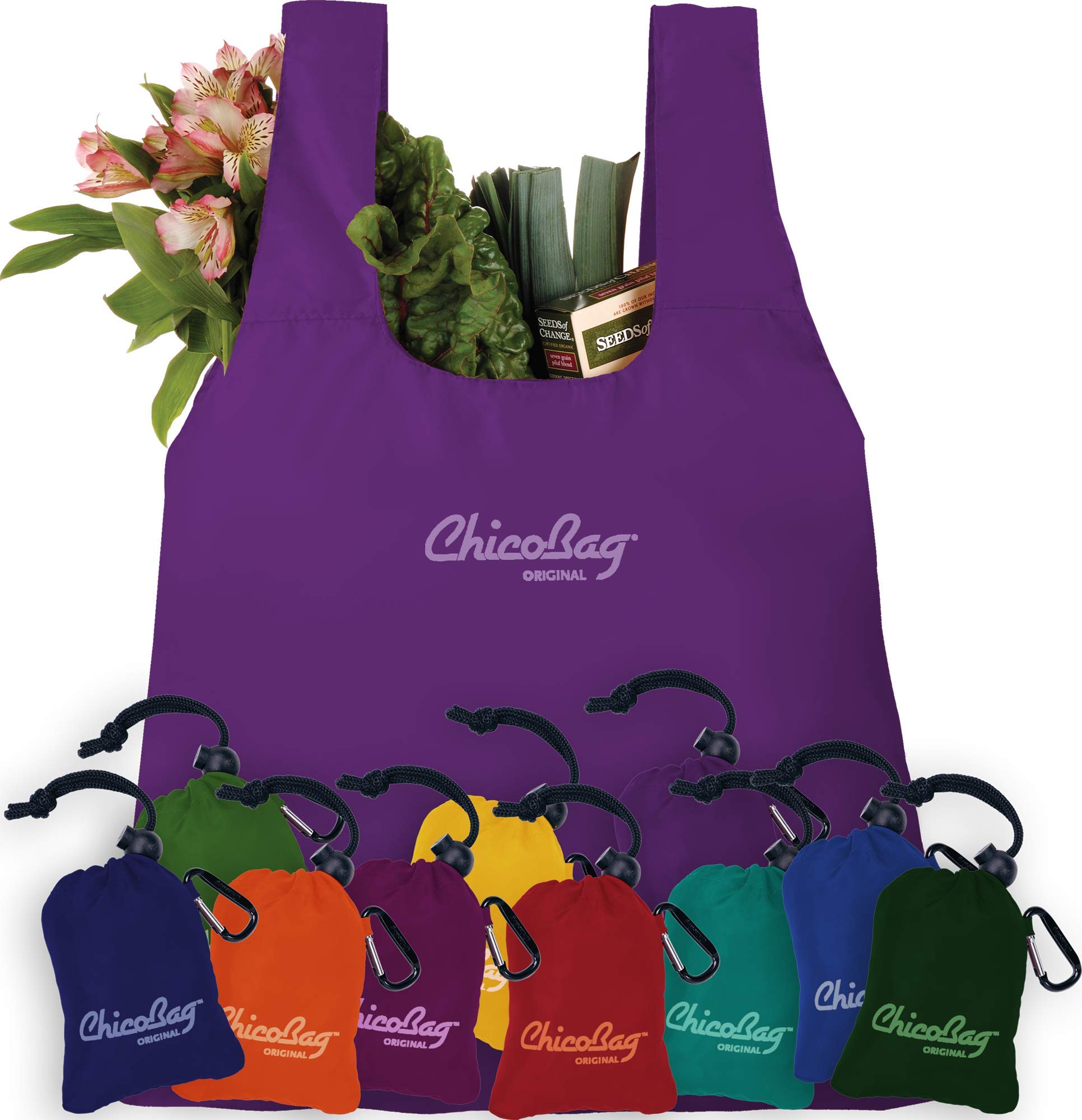 ChicoBag Original Compact Reusable Grocery Bag w/Attached Pouch and Carabiner Clip | Perfect for Shopping, Travel, Organization | Eco-Conscious Packable Tote | Purple (Pack of 4)