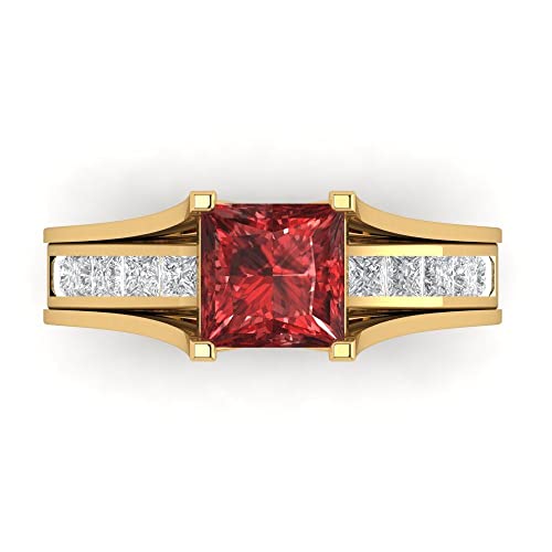 Clara Pucci 3.37ct Princess Cut Pave Solitaire with Accent Scarlet Red Garnet Sliding Statement Bridal Ring Band Set 14k Yellow Gold 5