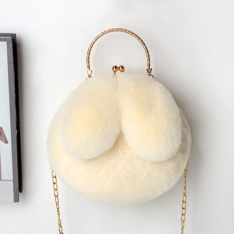 Cute Rabbit Ear Plush Bags for Women, Bunny Ear Chain Crossbody Bags (Beige)