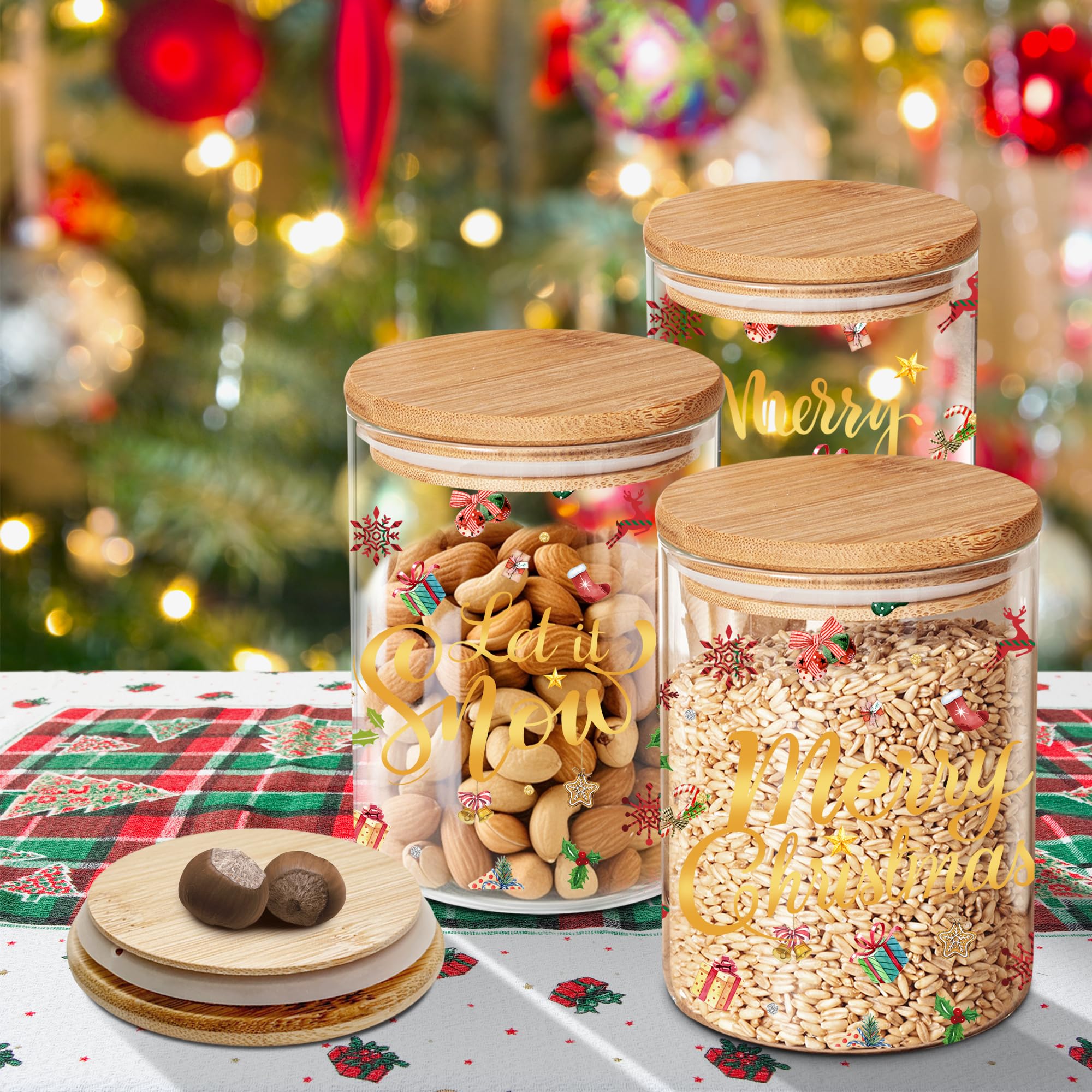 Christmas Decor 3 Pack Glass Storage Jars with Airtight Bamboo Lid - Merry Christmas Canisters Sets for Kitchen Countertop - Clear Christmas Glass Storage Jars for Coffee Bean, Cookie, Candy, Tea