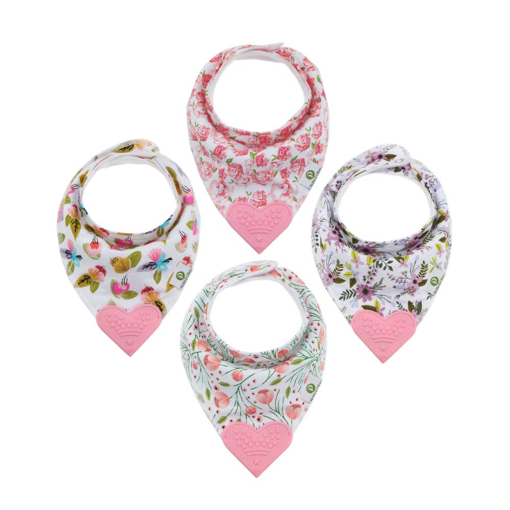 Pickle & Olive Baby Bandana Teething Bibs with Attached Teether- Set of 4 - Floral