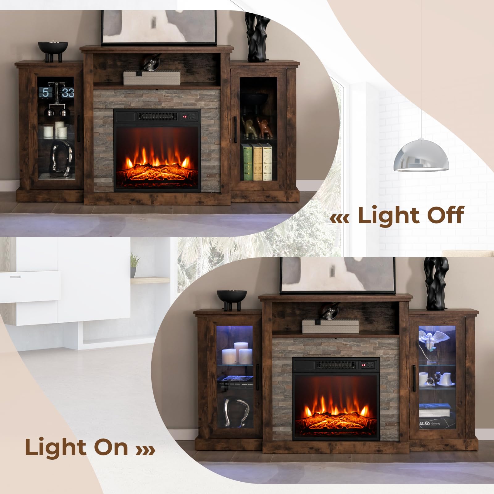 COSTWAY Electric Fireplace TV Stand for TVs Up to 65 Inches, 18-inch Fireplace Insert with APP Control, Remote Control, 16 Color Lights, Wooden Entertainment Center with Adjustable Shelves, Brown