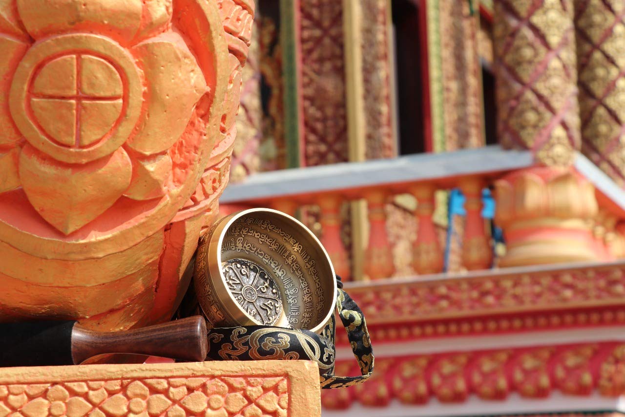 Tibetan Singing Bowl Set 4" ~ Bronze Mantra Design ~ With Carry Case, Dual Surface Mallet, Silk Cushion, and FREE Meditation e-book ~ Promotes Peace, Chakra Healing, and Mindfulness