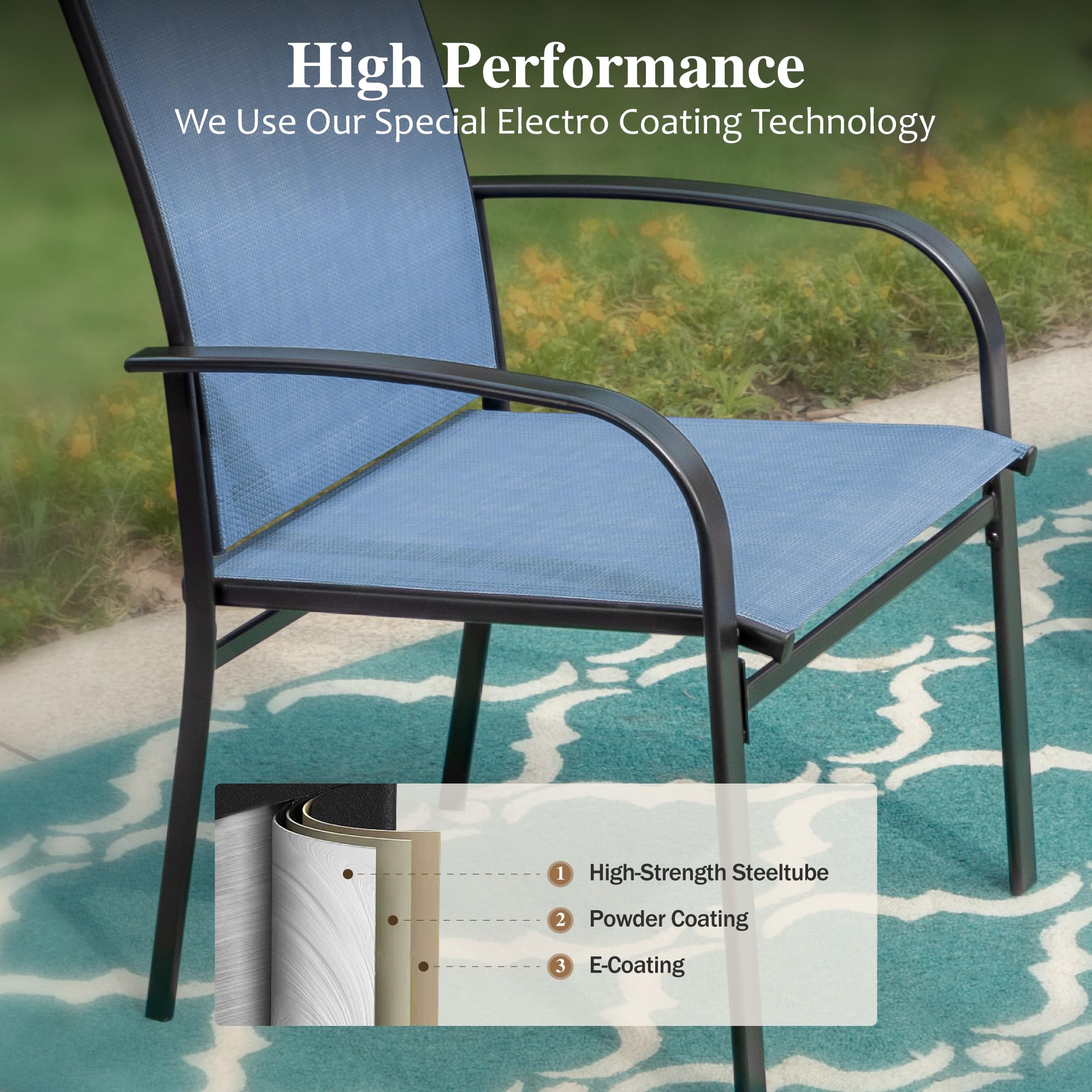 HERA'S HOUSE Patio Dining Chairs Set of 4, 36" Textilene Fabric Outdoor Chair with Wrought Iron Metal Frame Support 350lbs for Lawn Garden Backyard Kitchen, Blue