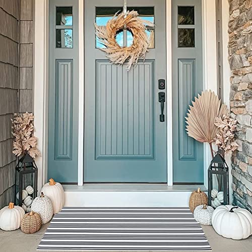 MUBIN Cotton Black and White Striped Rug, 27.5" x 43" Outdoor Reversible Hand Woven Washable Rug Porch Entryway Stripe Carpet ​for Layered Front Door Mats