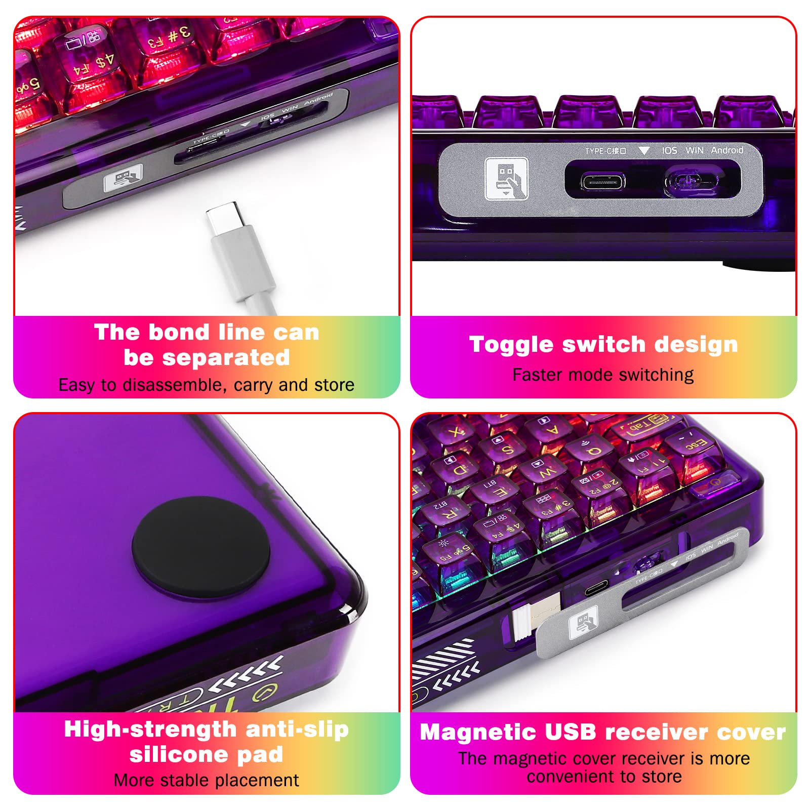 CHICHEN 60% Portable Mechanical Gaming Keyboard,Hot-swappable RGB Backlit Compact 68 Clear Keycaps,2.4Ghz wireless/Bluetooth/USB-C,Transparent Gasket Ice Crystal Switch (Transparent Black)