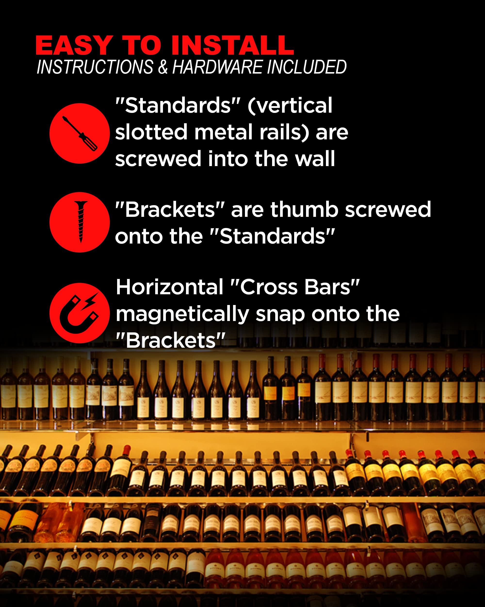 DLDIRECT Diamond Life Reserve Hanging Wine Rack - 1 Bottle Deep 4'H x 4'W (44 Bottles) - Wall Mounted Wine Bottle Holder Metal Modern Wall Wine Rack - Customizable Wine Bottle Rack Wall Mounted