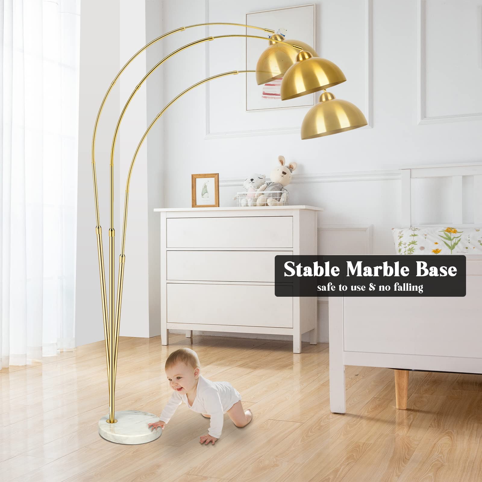 Contemporary Gold 73" Arc Floor Lamp with Hanging Dome Shade, Marble Base Adjustable Farmhouse Over The Couch Tall Stand Up Light, Industrial Task/Reading Standing Corner Lamp for Living Room Bedroom