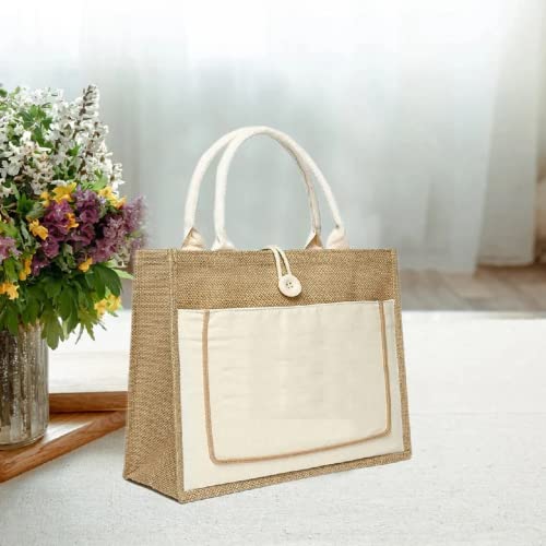 Globyz Jute Bag With White Canvas Pocket And Button Closer Burlap Tote Bag With Initial Tote Present for Birthday And Holiday (M, Large (14H*16L*7W))