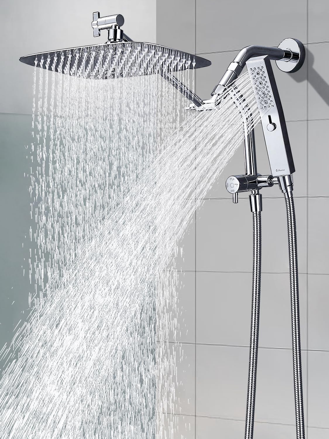 G-Promise All Metal 12 Inch Shower Head with Massage Mode Handheld, Rain Shower Head with Handheld Spray Combo, 3-Way Diverter with Pause Setting, 11 Inch Adjustable Extension Arm (Chrome)