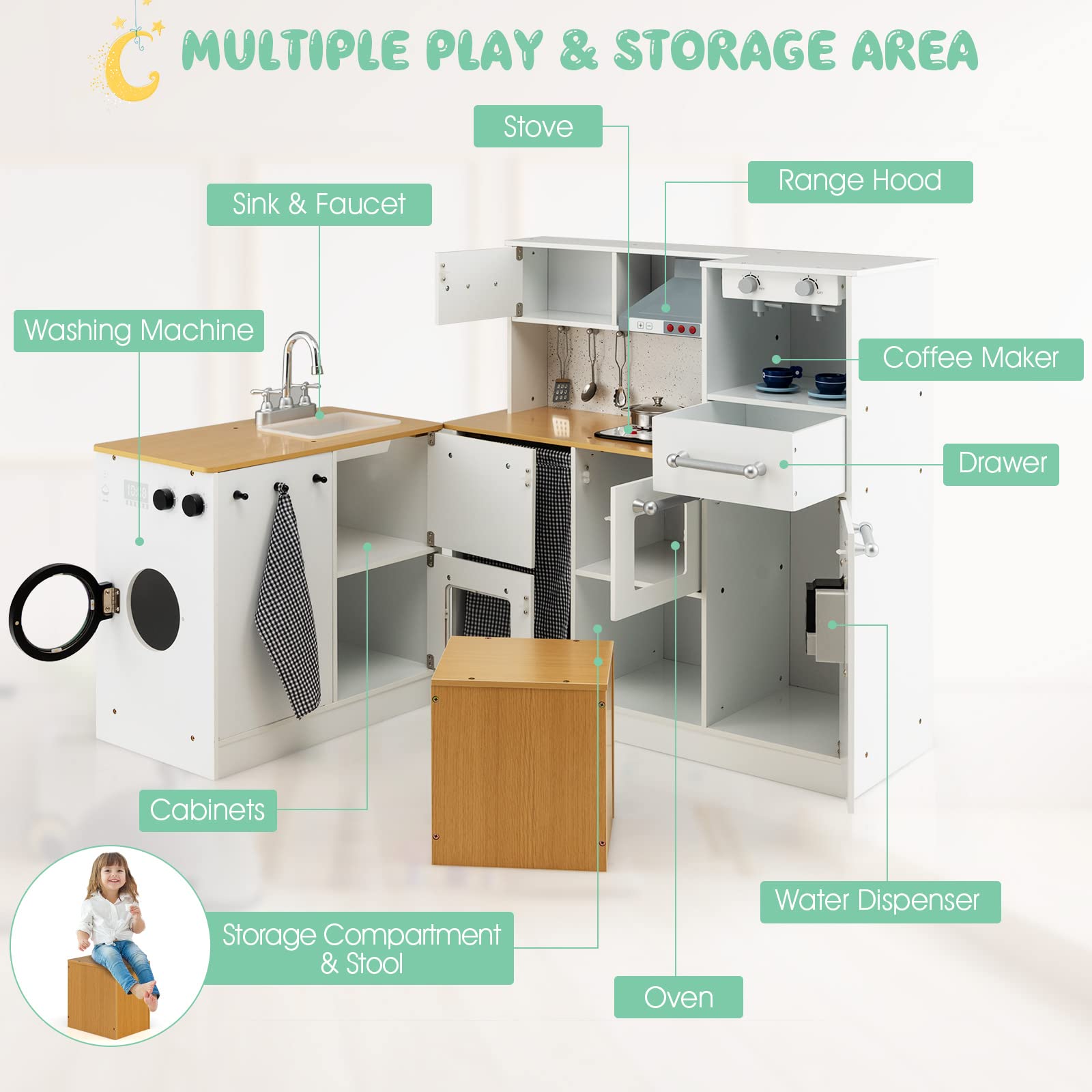 Costzon 2-Piece Kids Kitchen Playset, Wooden Pretend Play Kitchen & Washing Machine Toy Set w/Realistic Light & Sound, Coffee Maker, Water Dispenser, Stove, Utensils, Sink