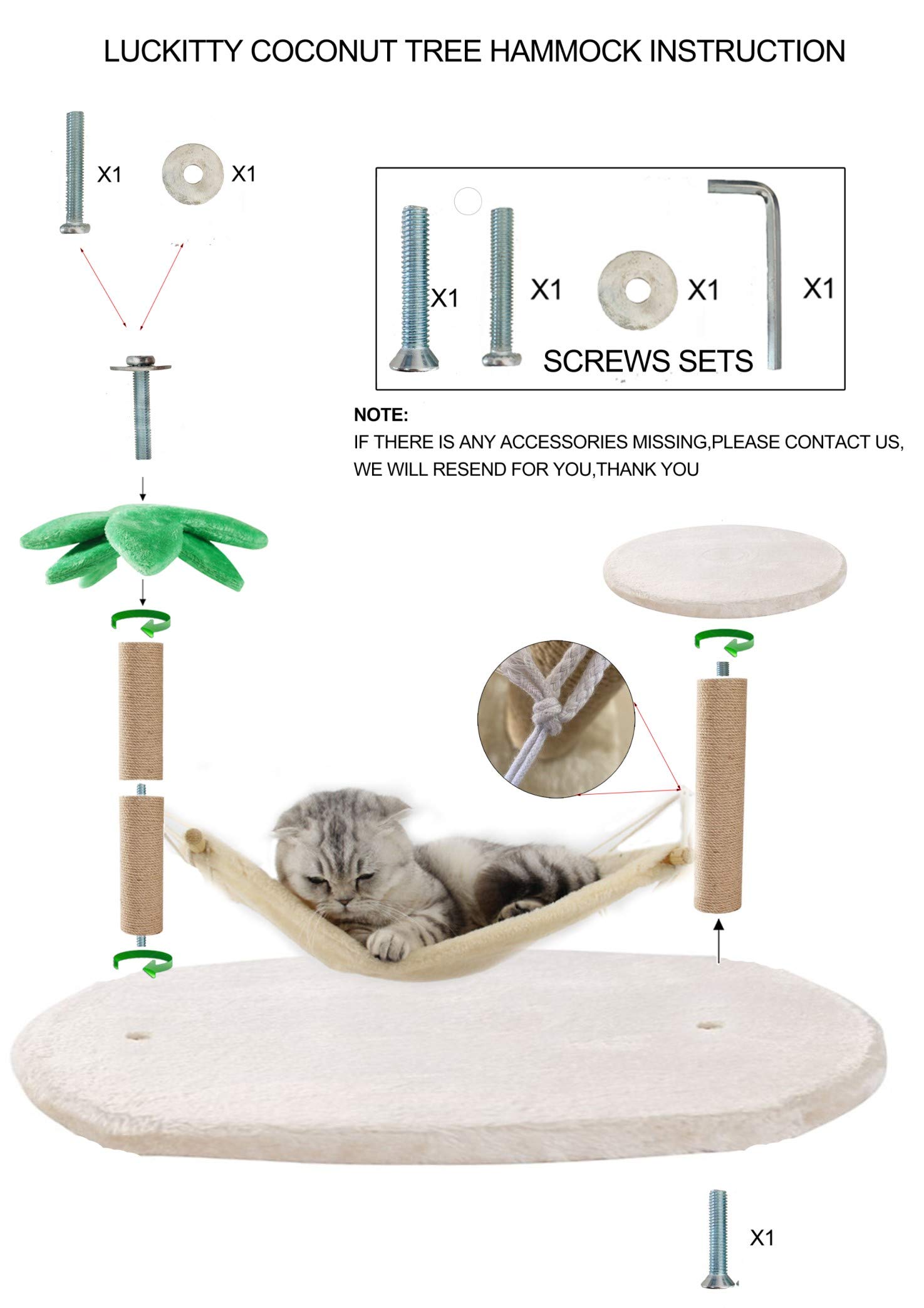 LUCKITTY Small Cat Scratching Posts Kitty Coconut Palm Tree-Cat Scratch Post for Cats and Kittens - Natural Jute Sisal Scratch Pole Cat Scratcher (Post &Hammock)