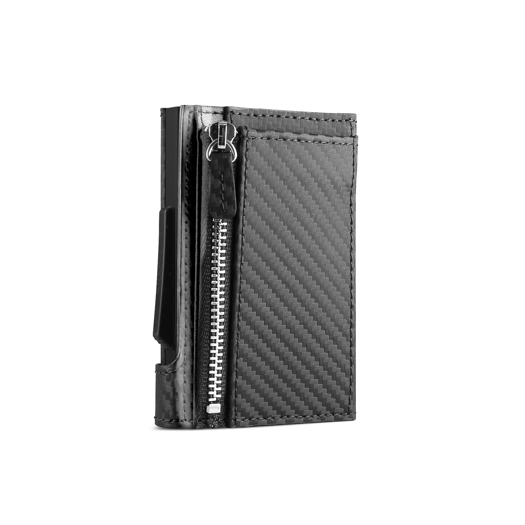 ÖGON -DESIGNS- Cascade Wallet for coins Automatic aluminum and leather Wallet - Compact metal RFID blocking card holder - Easy card access pop-up cards - Carbon Leather/Black Aluminium