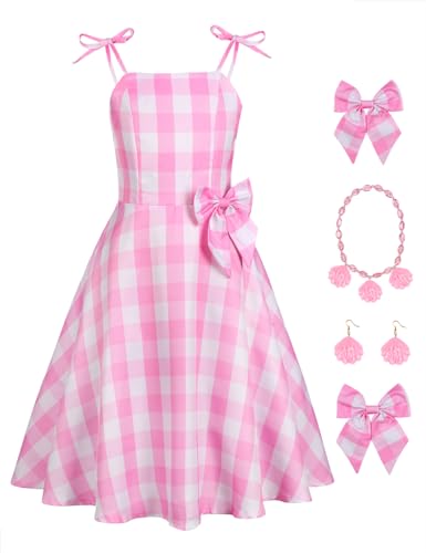 Girls Costume Dress Kids Princess Cosplay Halloween Costume Pink Plaid Dress with Hairpin Necklace Earrings CA009M