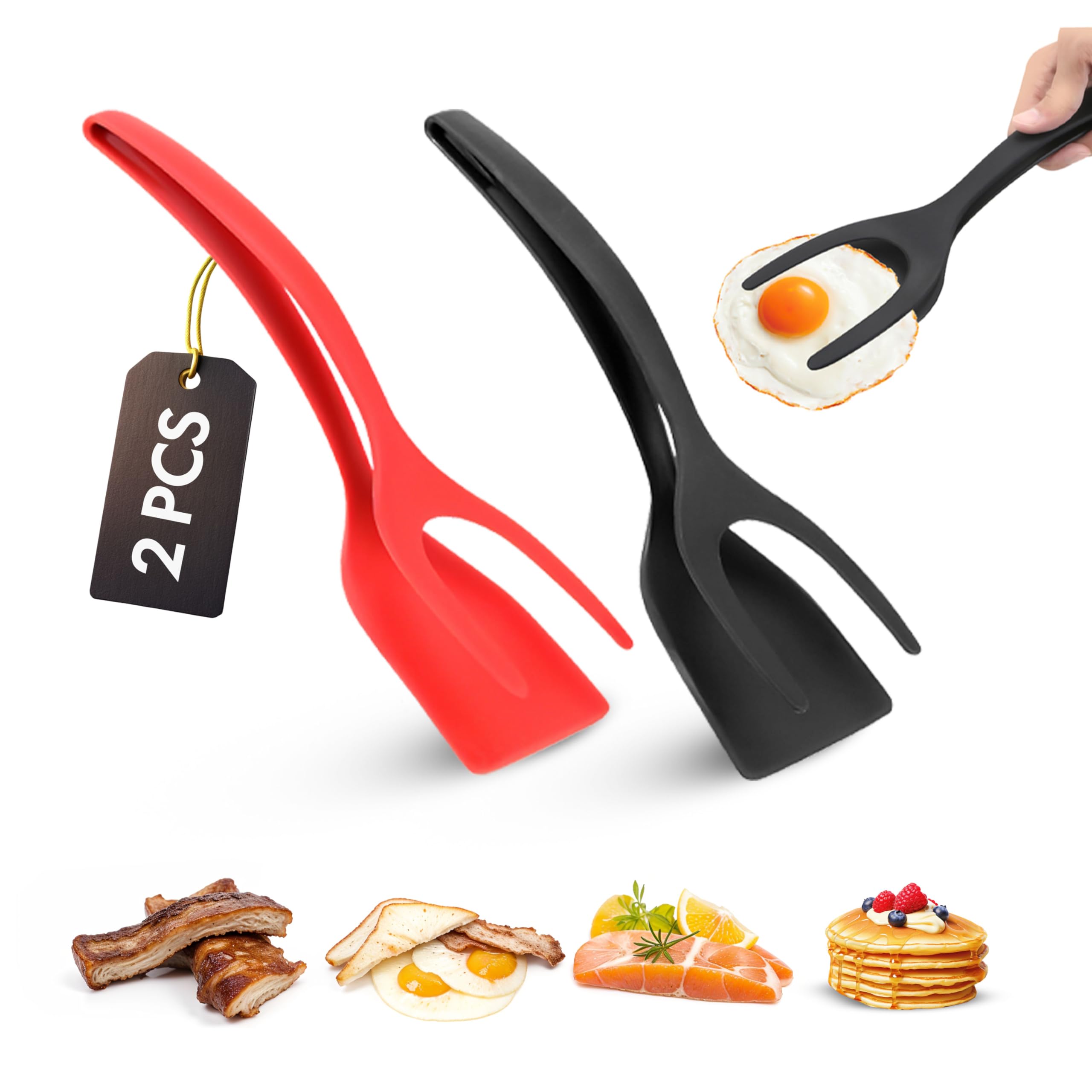 Egg Flipper Spatula Tongs Set of 2 PCS - 2 in 1 Grip and Flip Spatula Tong Multi-Purpose Use Non-Stick Kitchen Flipper Spatula For Bread Fish Pancake Toast Home Kitchen Cooking Tool (Black + Red)