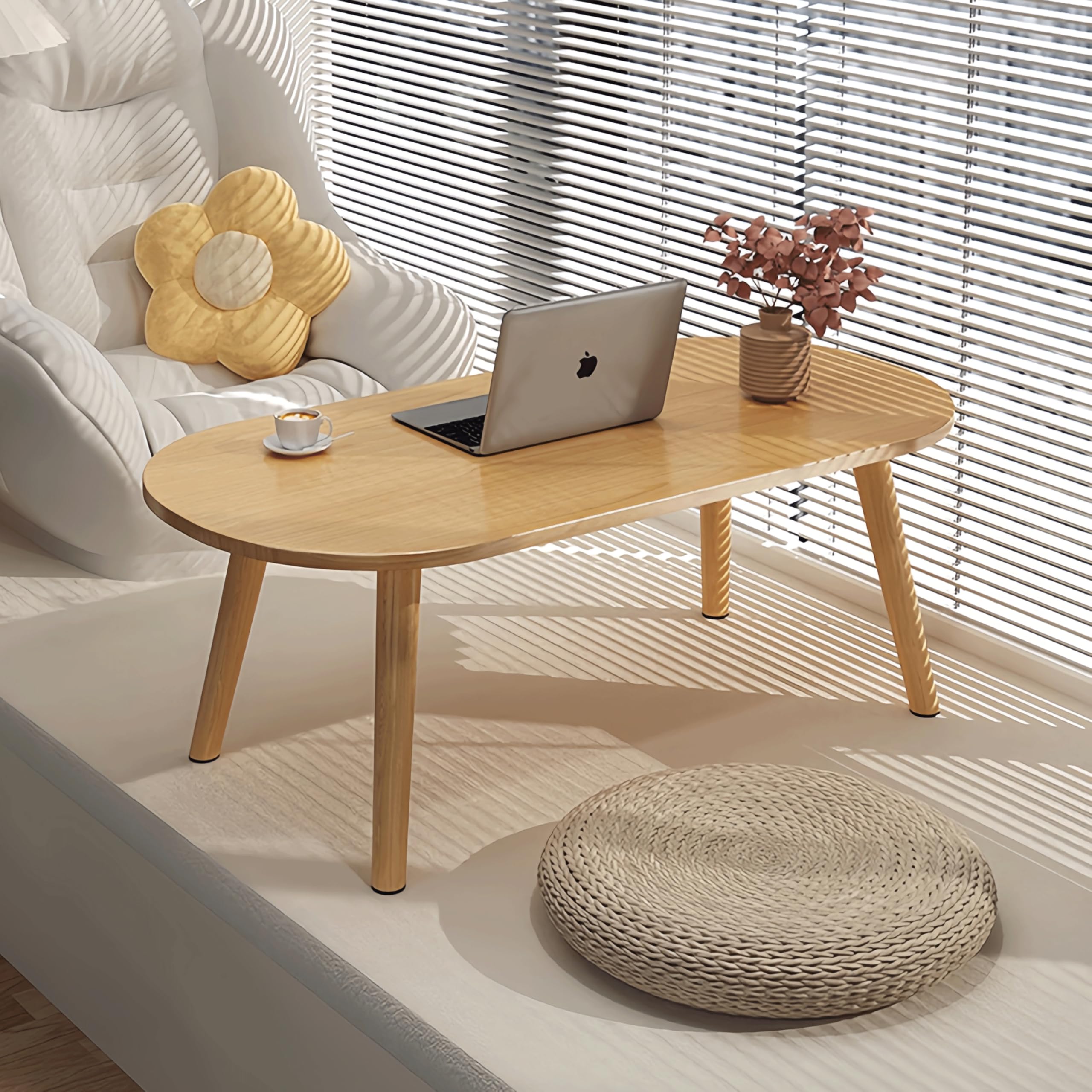 Funecy Small Coffee Table Low Table Solid Wood Sturdy Floor Table Desk for Sitting on The Floor, Storage and Living Room Furniture,Natural Wood,24inch (Round Wood, 24 * 16inch)