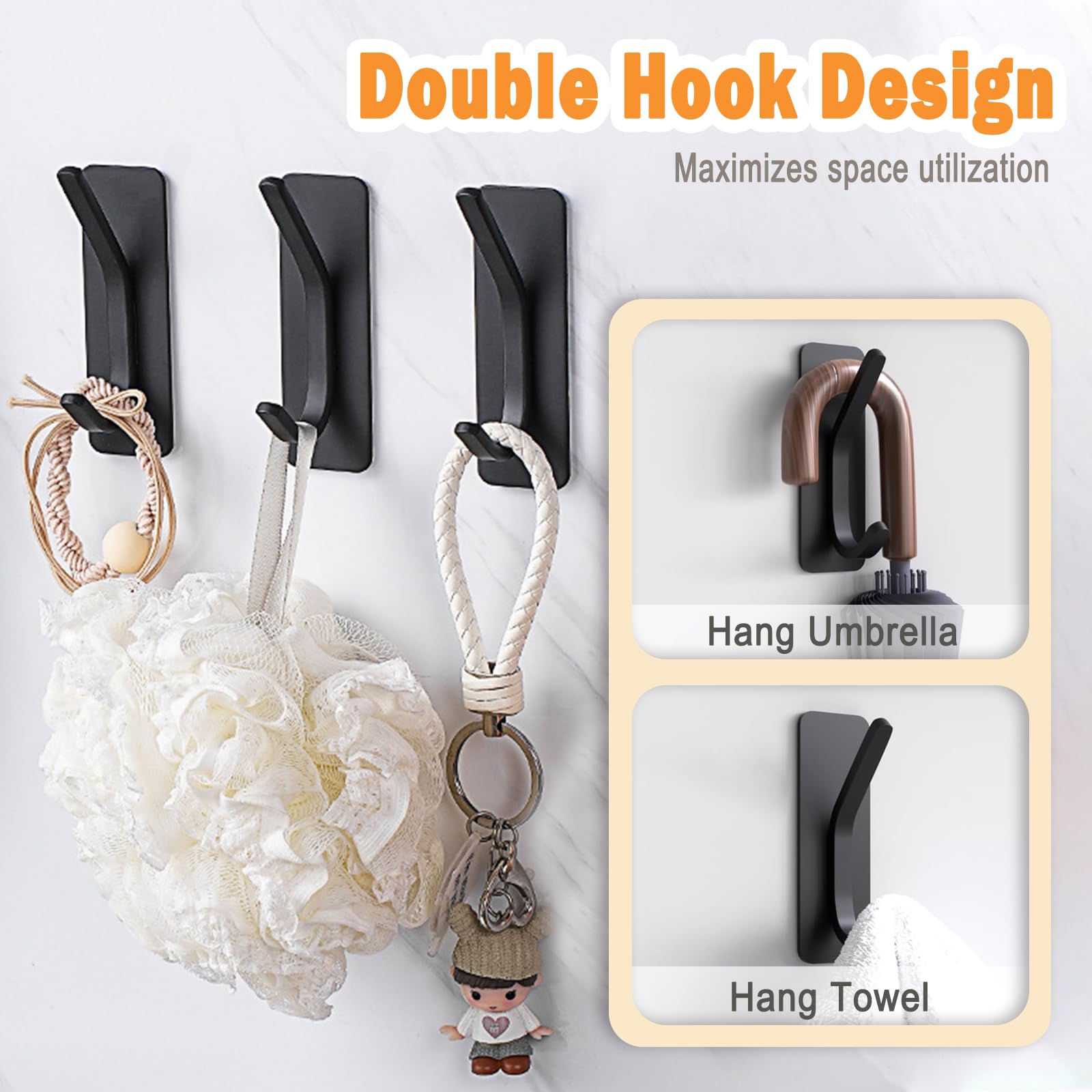 FANTEXY 3 Packs Adhesive Hooks, Towel Hooks Wall Hooks Self Sticking, Black Adhesive Coat Hooks Heavy Duty Stainless Steel, Bathroom Bedroom Kitchen Wall Towel Hooks for Hanging Robe Clothes Purse Hat