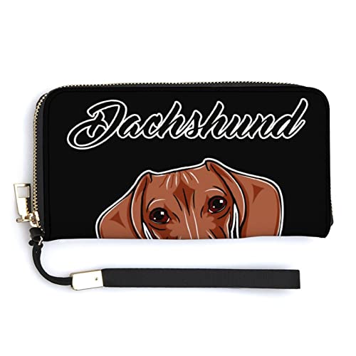 Dachshund Middle Finger Gesture Women's Long RFID Hand Wallet Wristlet Clutch Purse PU Leather Handbag with Wrist Strap