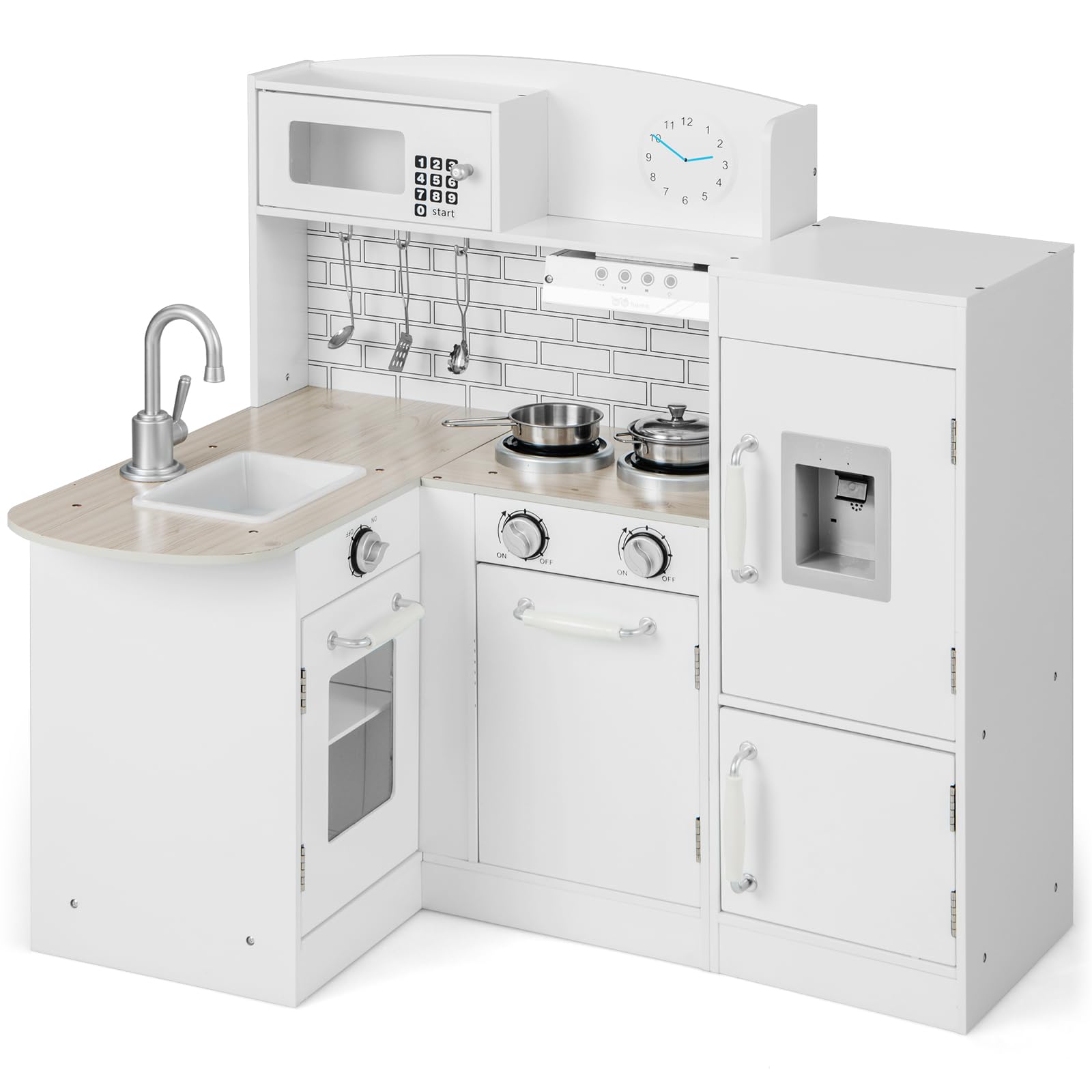 Costzon Kids Corner Kitchen Playset, 8-in-1 Wooden Play Kitchen Toy Set w/Realistic Microwave, Oven, Stove, Refrigerator, Water Dispenser, Range Hood, Pretend Cooking Set
