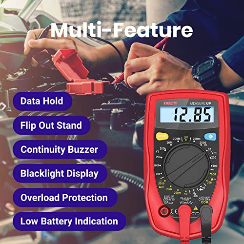 Etekcity Digital Multimeter, AC DC Voltmeter Amp Volt Ohm Current Meter, Electrical Voltage Outlet Circuit Tester With Continuity Resistance Diode Test ,Two Build-In Ceramic Fuses, Red, MSR-R500