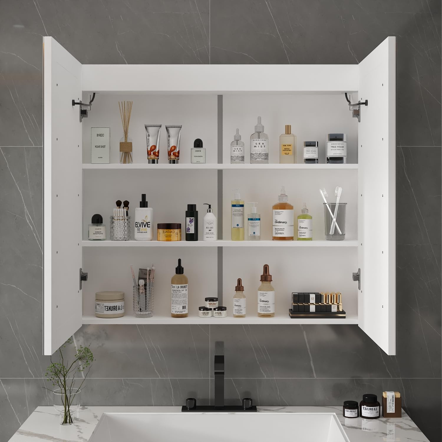 FUNISIR Lighted Medicine Cabinet with Mirror, 2 Doors Large Medicine Cabinet Mirror with Anti-Fog, Stepless Dimmable Light & Light Color Adjustment, Surface Mount, White, 35.4" W x 31.3" H