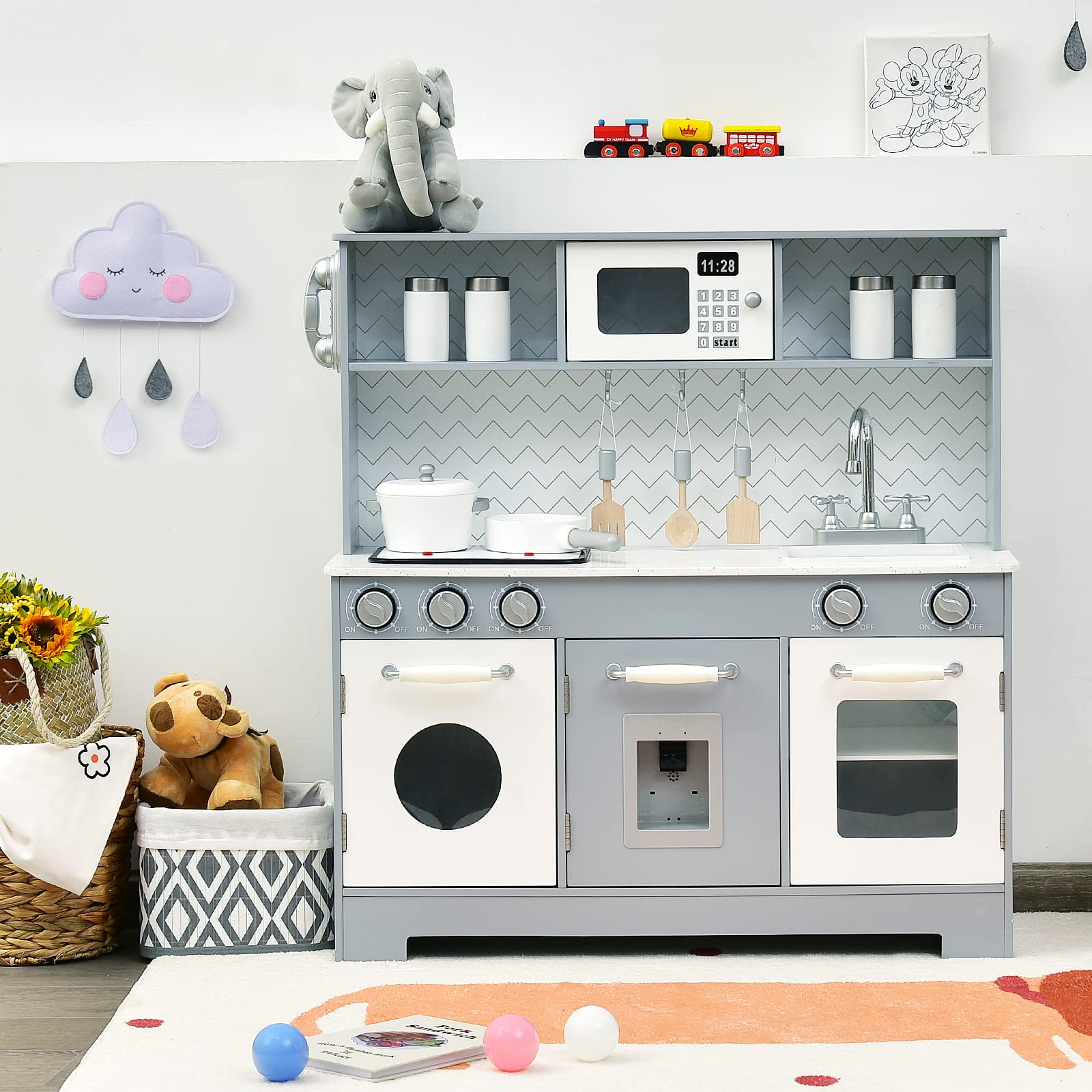 Costzon Kids Kitchen Playset, Wooden Pretend Cooking Playset w/Stove, Fridge, Microwave, Removable Sink, Water Dispenser w/Light Sound, Cabinets, Great Gift for Boys Girls