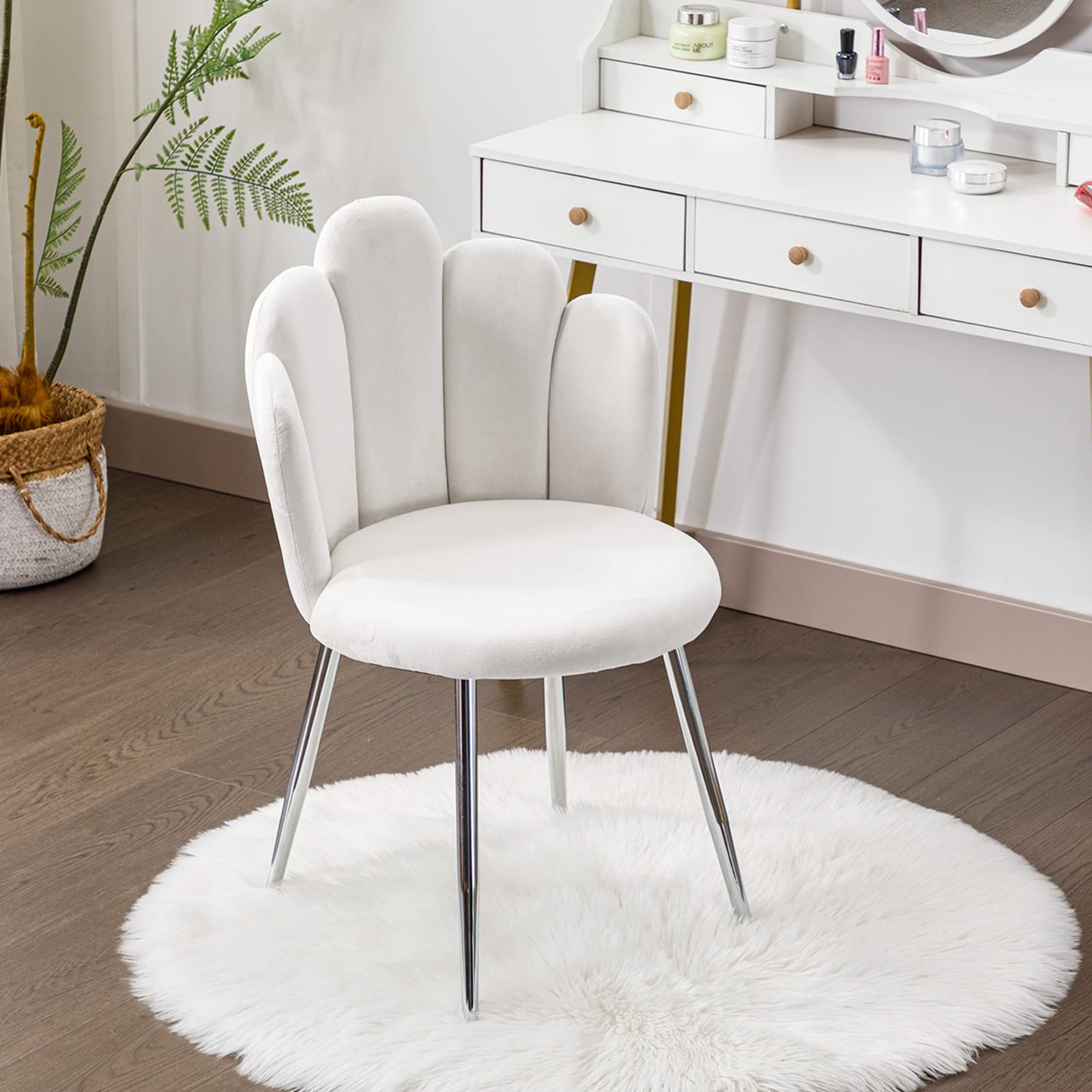 BOWTHY Vanity Chair for Makeup Room - Midcentury Modern Accent Chair for Living Room Bedroom, Velvet Chair with Back Support and Metal Legs (White)