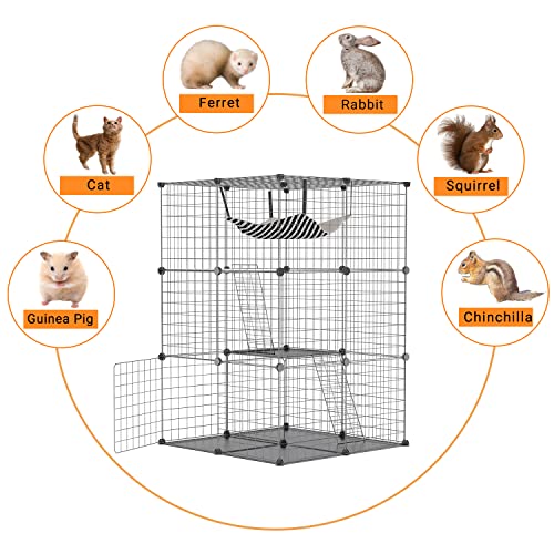 IKARE Cat Cage DIY Indoor Pet Home Small Animal House Detachable Playpen with 3 Doors 3 Tiers for Kitten Puppy Bunny Exercise. (Black,27.6 x 27.6 x 41.3Inch)