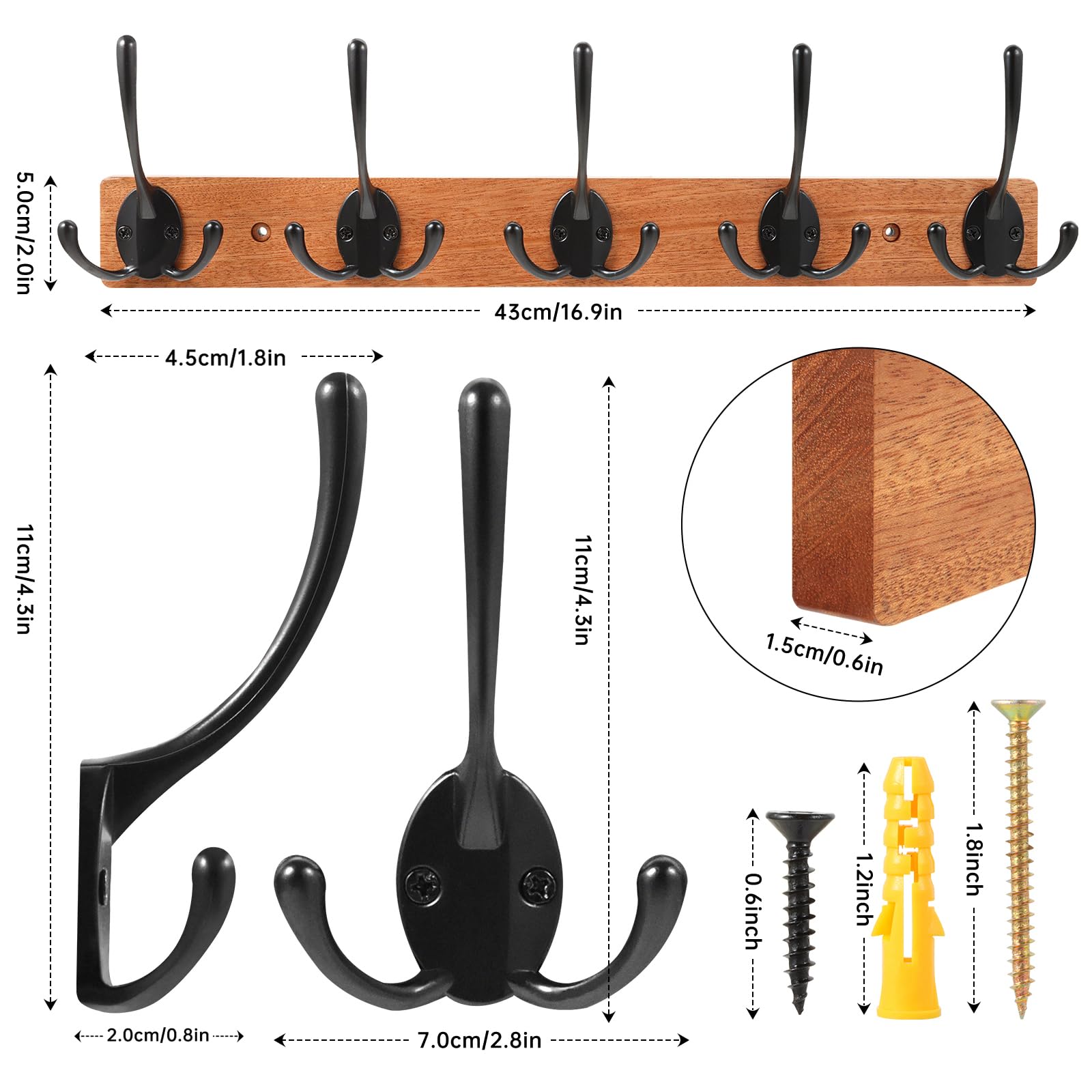 IBosins Coat Rack Wall Mount, 33.5'' Long, Entryway Hanging Hooks Rack, Metal Wood Coat Rack with 8 Black Tri-Hooks, Wooden Decorative Hooks Rail for Coat, Scarf, Bag, Towel, Hat, Key