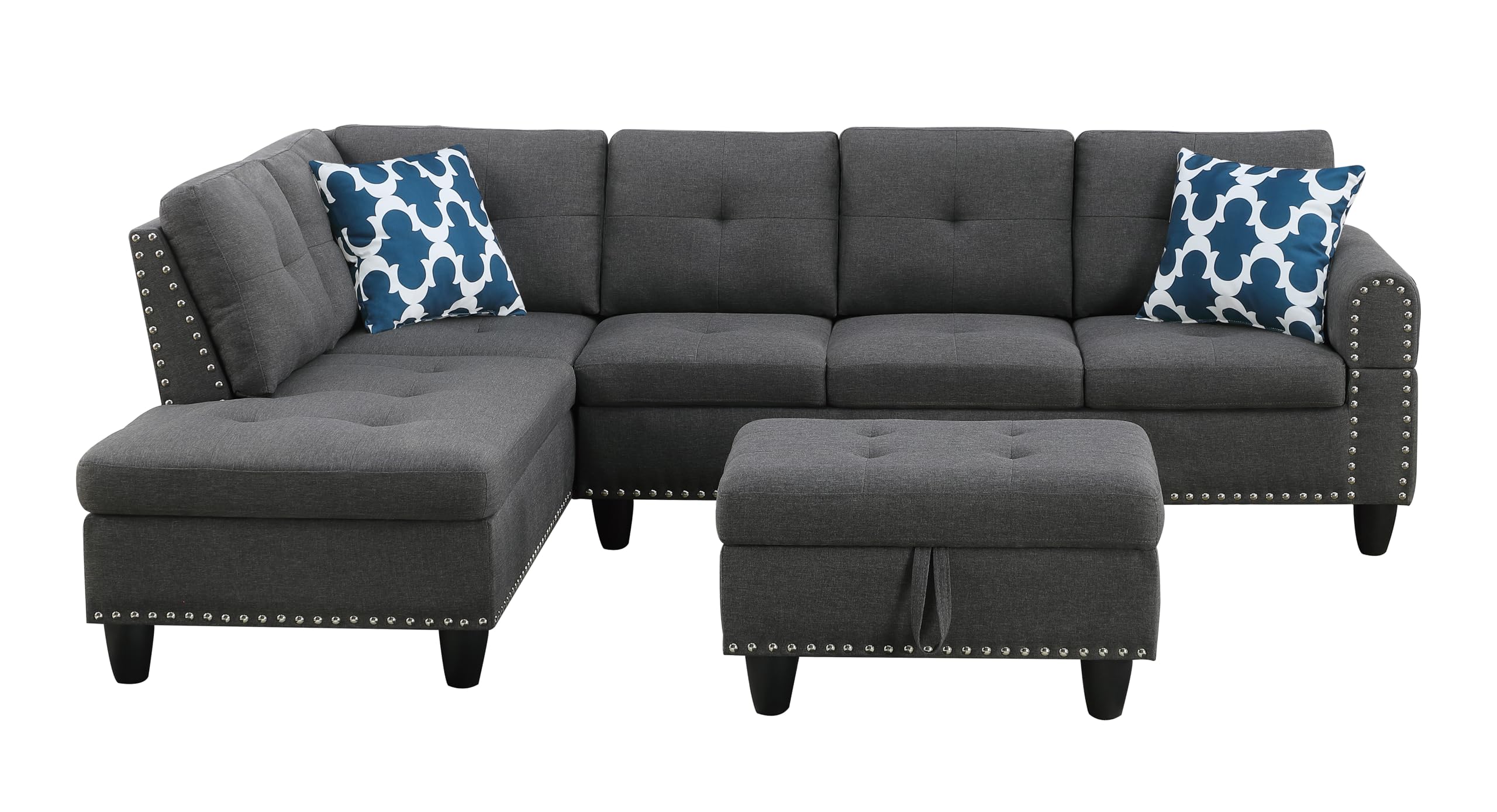 FANYE L-Shaped Sectional Sofa with Right Chaise & Nailhead Decor,Modern Faux Leather Tufted Upholstered Corner Sofa&Couch W/Cup Holders and Storage Ottoman for Home Apartment Office Living Room