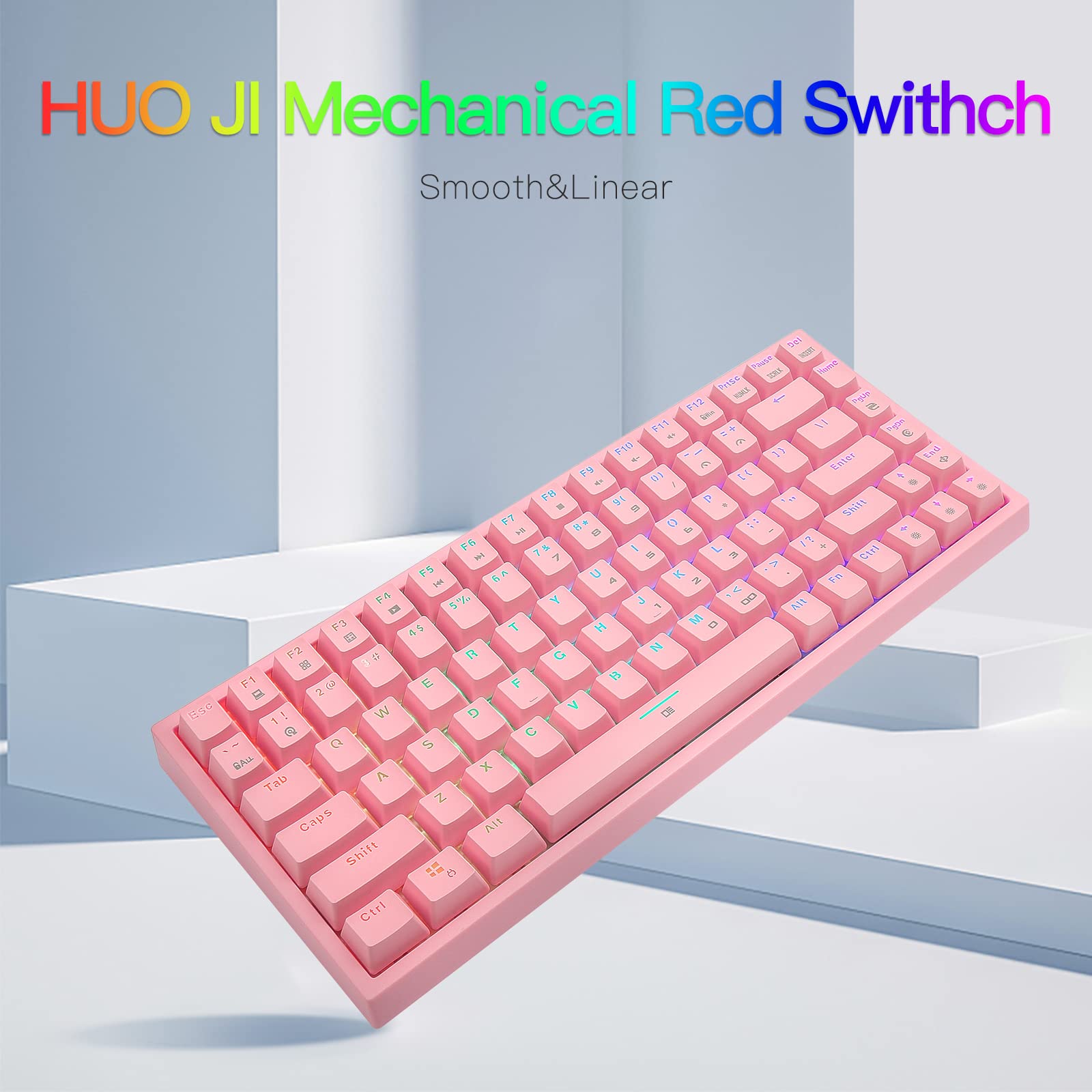 OKKID Mechanical Keyboard 60%, Wired Bluetooth Gaming Keyboard, Red Switches, RGB Backlight, CQ84 Wired Keyboard, 84 Keys, for Windows PC, Mac,Smartphone