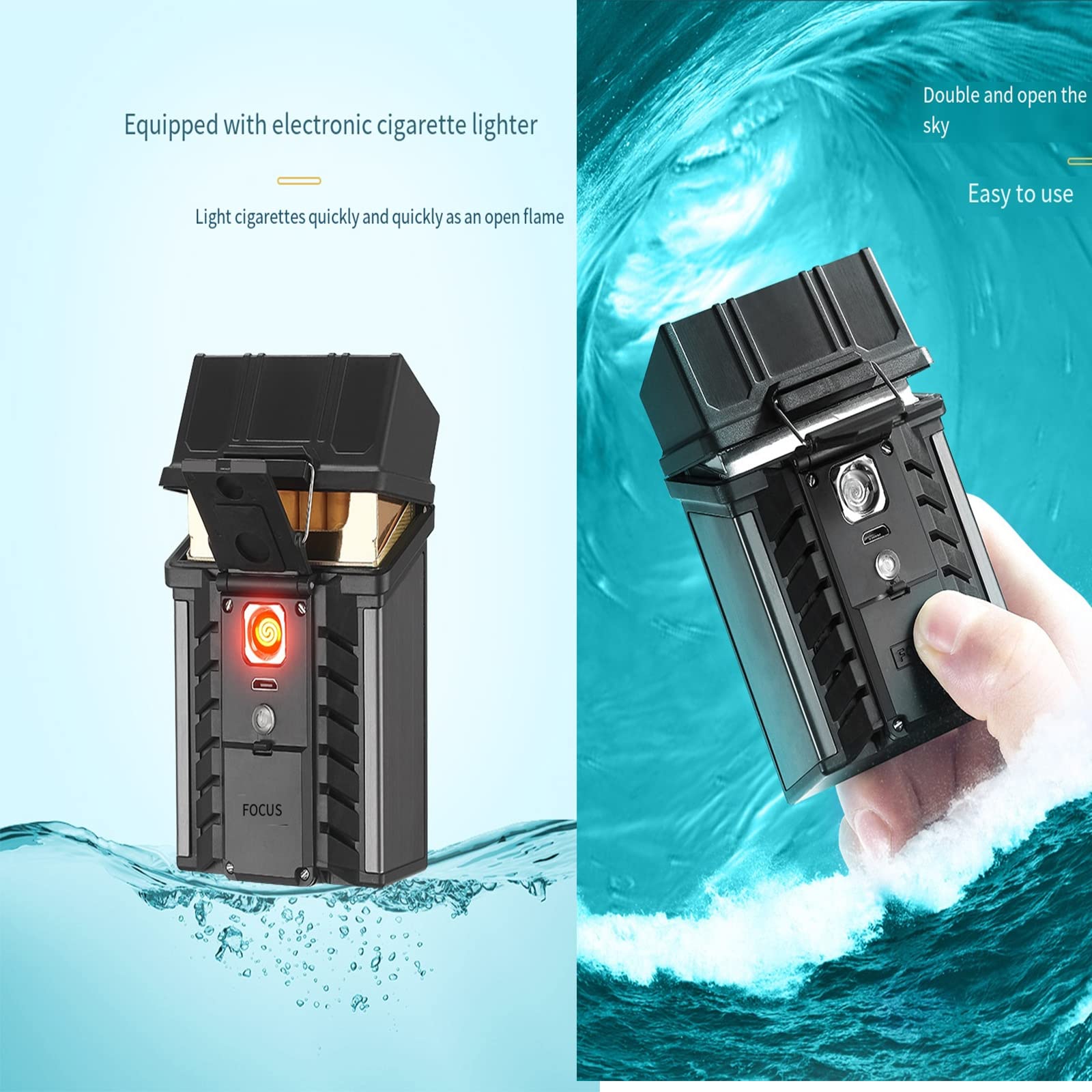 Box for 20 Cigarette Case with Arc Lighter USB Rechargeable, Flameless, Cigarette Case, Windproof,Moisture Proof, Ideal Gift for Smoker