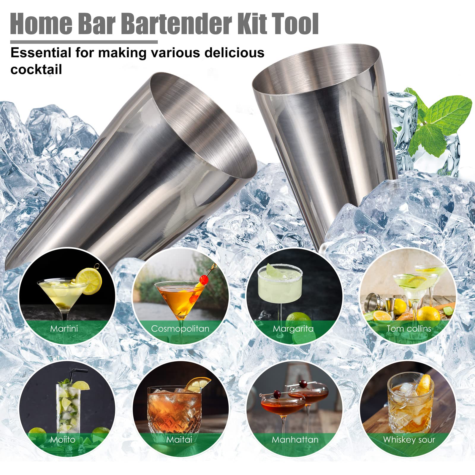 Esmula Bartender Kit with Stylish Bamboo Stand, 12 Piece 20oz/25oz Boston Cocktail Shaker Set for Mixed Drink, Professional Stainless Steel Bar Tool Set, Gift for Man Dad- Cocktail Recipes Booklet