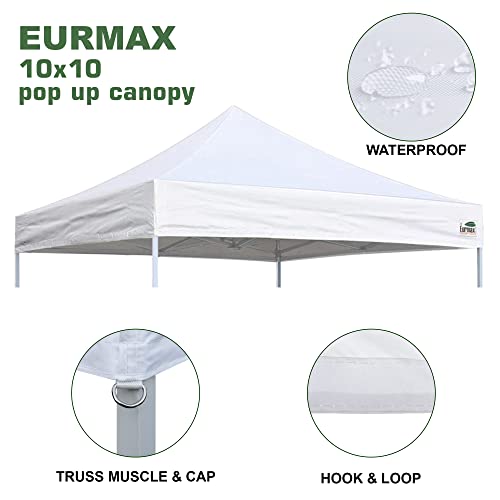 Eurmax New 10x10 Pop Up Canopy Replacement Canopy Tent Top Cover, Instant Ez Canopy Top Cover ONLY, Choose 30 colors,Bonus 4PC Pack Canopy Weight Bag (White)