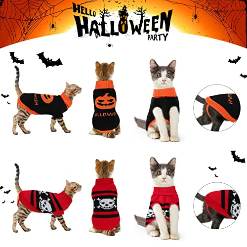 HUMLANJ 2 Packs Halloween Cat Sweater Turtleneck Knitted Pumpkin Sweaters for Cats Only Kitten Kitty Skull Sweater Warm Winter Knit Pullover Knitwear