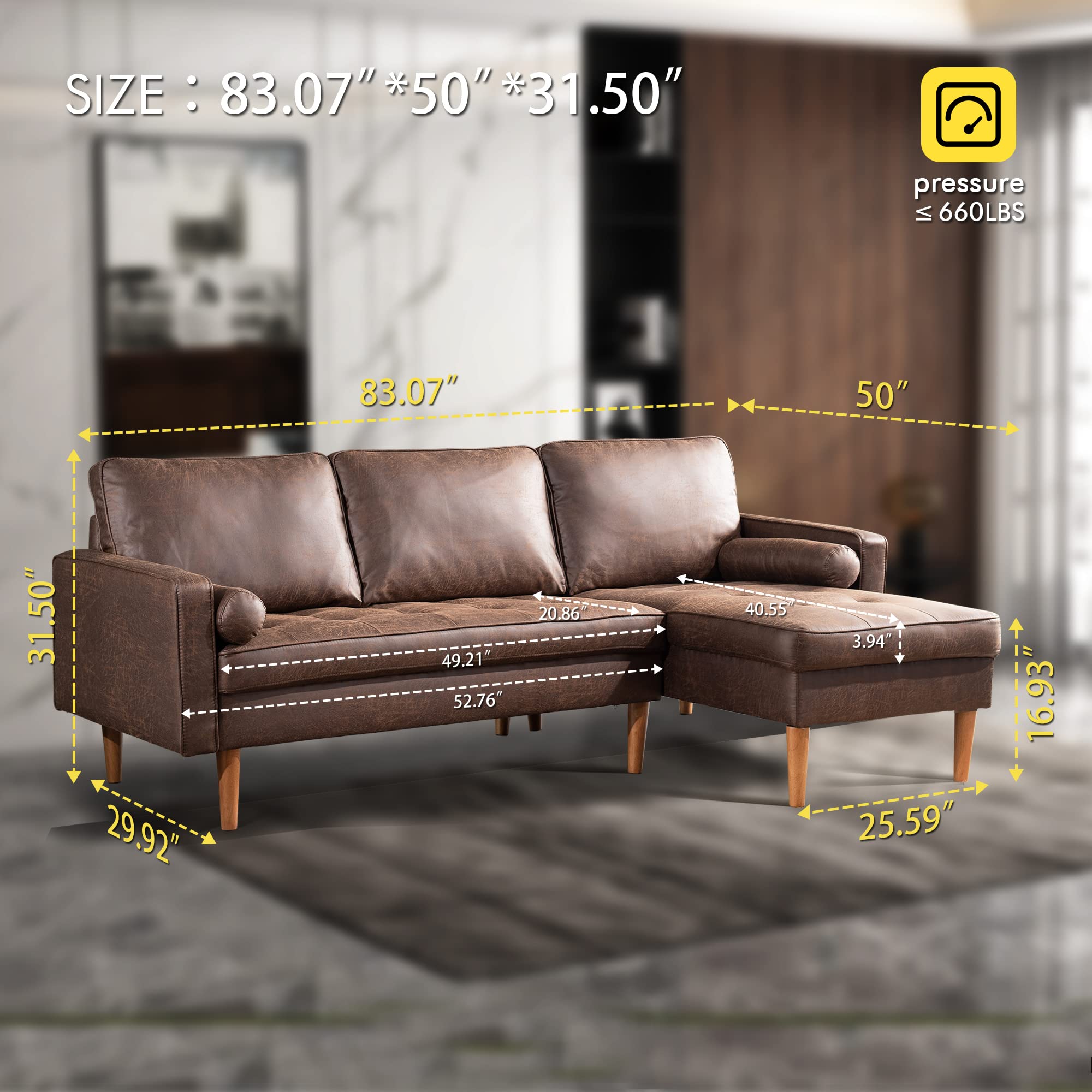 HOOOWOOO 83" Small L Shaped Sofa Couch,Mid Century Modern Tufted Sofa with Right Chaise for Small Living Room Apartment Office,Brown Faux Suede