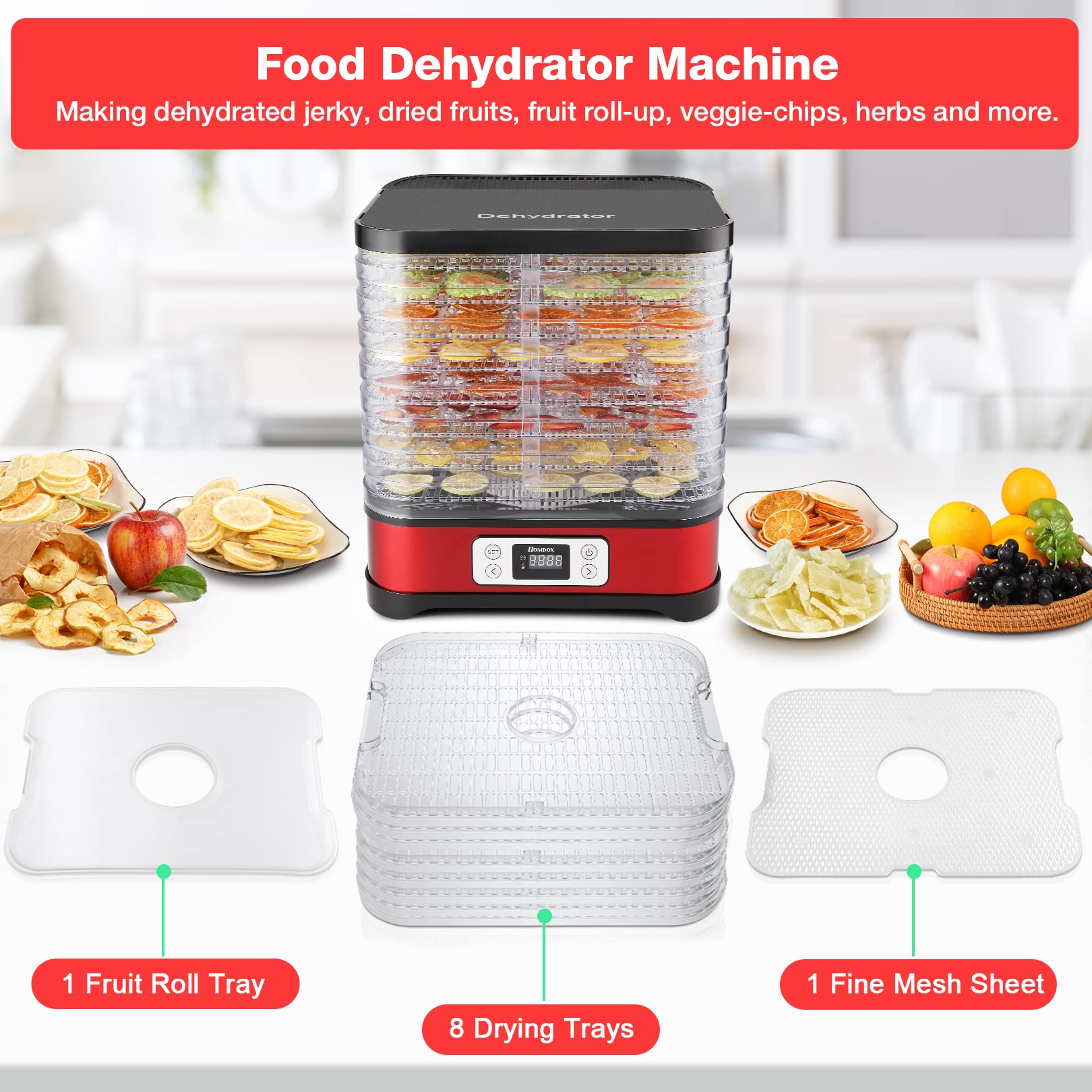 COOCHEER Food Dehydrator Machine, 400W 8 Trays Dehydrators for Food and Jerky with 72H Digital Timer and 95-158β Temperature Control, BPA-Free, Fruit Dehydrator Perfect for Meat, Jerky, Herbs, Red