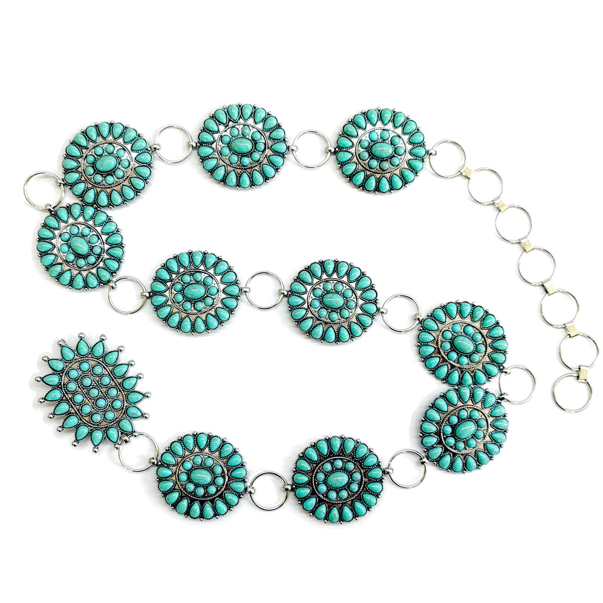 CNBOME Women's Western Cowgirl Turquoise Stone Concho Metal Chain Belt 4 sizes S/M/L/XL (Jade, Large)