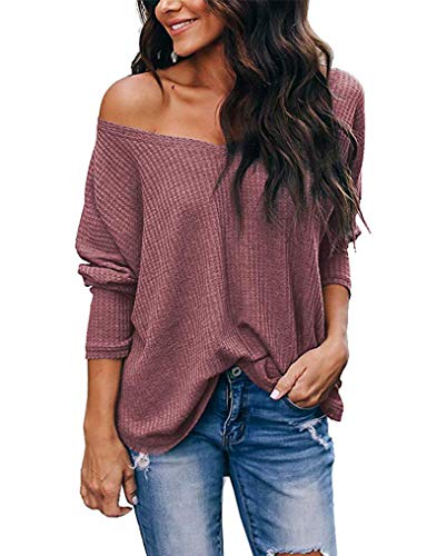 LuckyMore Women Long Sleeve V Neck Tops Sexy Off The Shoulder Loose Pullover Sweater Rust Red S