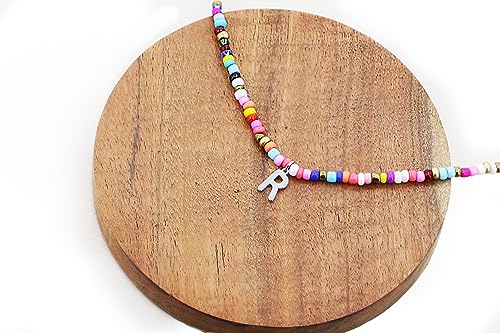 Multicolored Seed Bead Necklace - Personalized Silver Initial, Smiley Face, Heart - Best Friend Sister Girl Teen Gift - DII