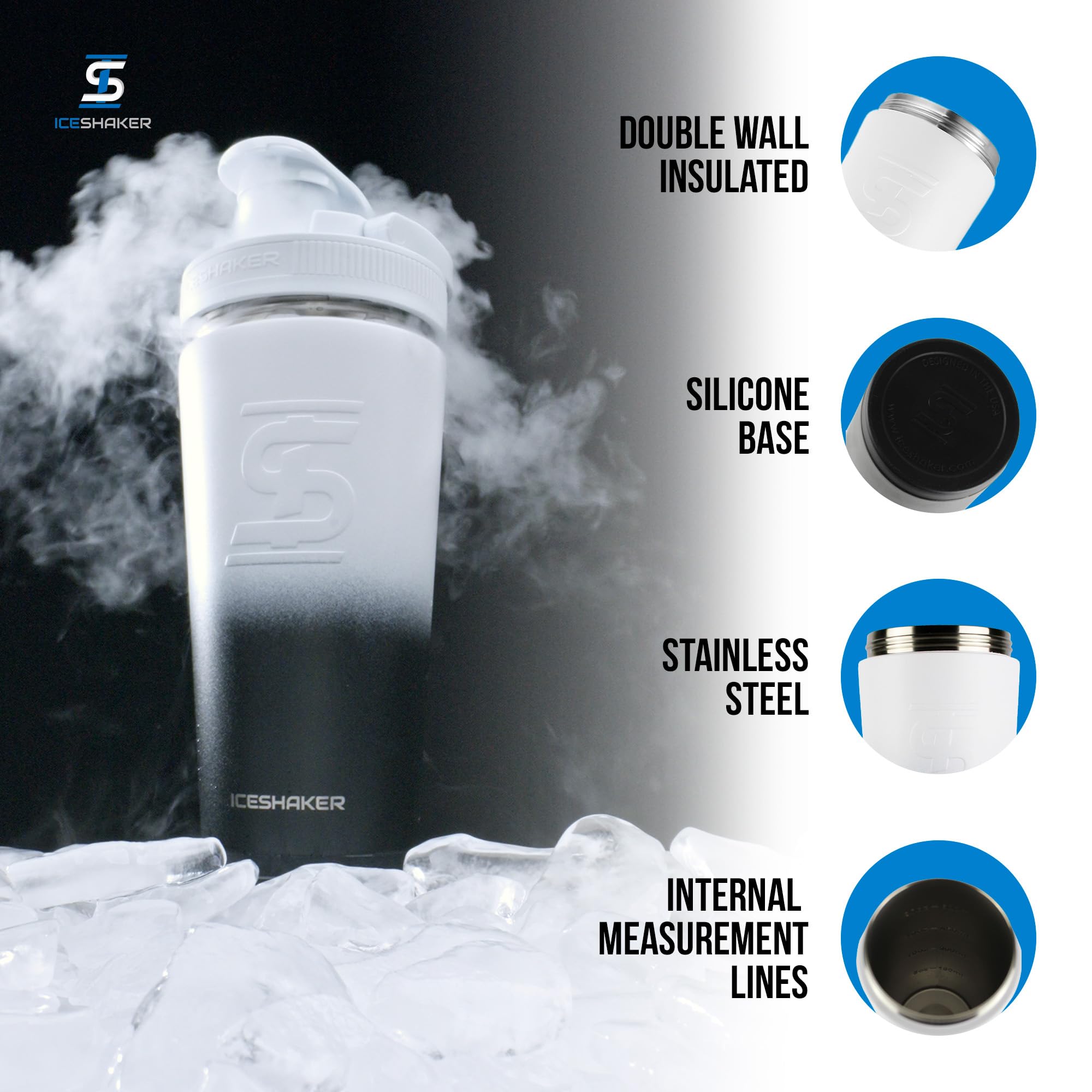 Ice Shaker Stainless Steel Shaker Bottle | 26oz, Black White Ombre | Stays Cold for 30+ Hours | Insulated Cup with Twist-on Agitator | Odor-Free Shaker Cup for Protein Shakes, Water, Smoothies