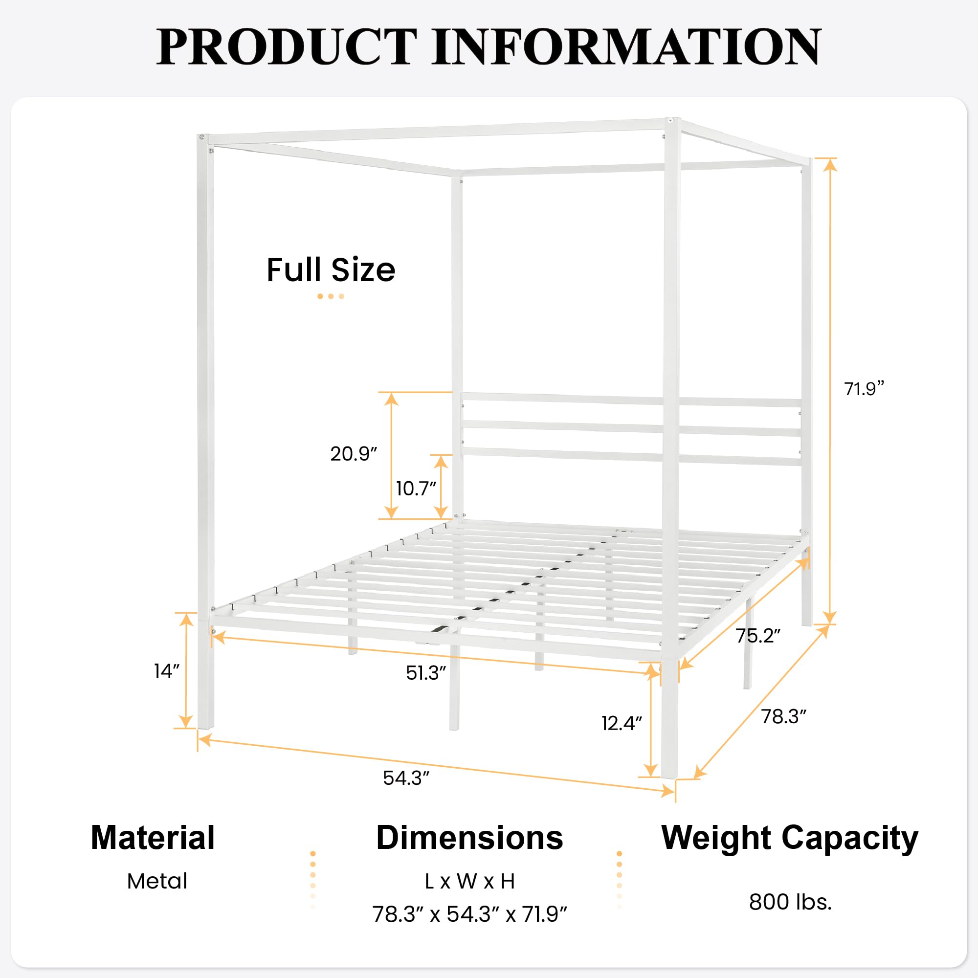 SHA CERLIN Metal Canopy Bed Frame Full Size/Mattress Foundation with Metal Slats Support/No Box Spring Needed/Easy Assembly/White