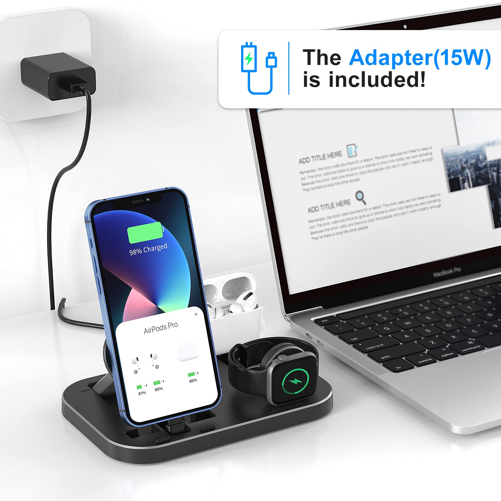 Charging Station for Multiple Devices Apple, 3 in 1 Charging Dock for iPhone/AirPods Series, Portable Charging Stand for iWatch Series 8/Ultra/7/6/5/4/3/2/1/SE(with 15W Adapter and Cable) Black