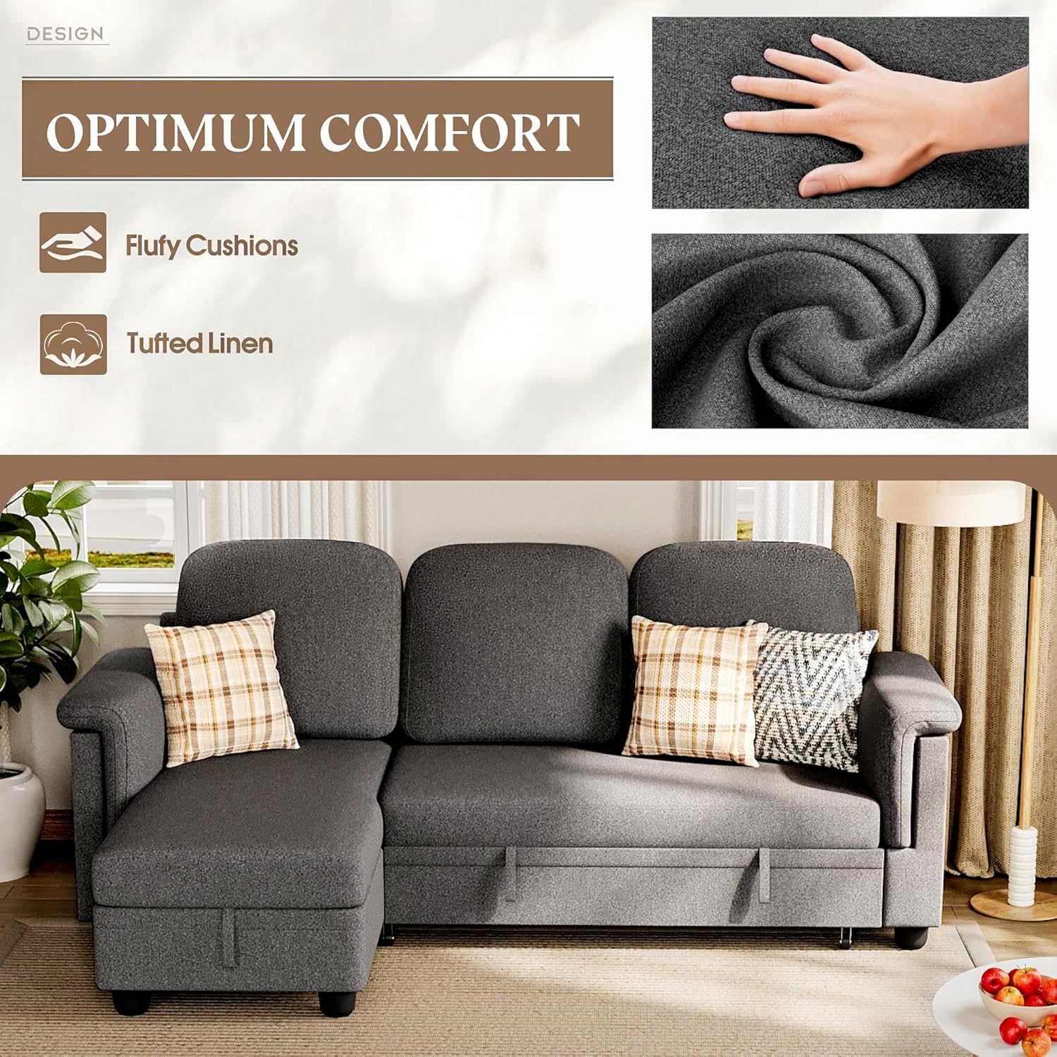 Furmax Sofa Bed Pull Out Couch with Side Storage Pockets L-Shaped Sleeper Sofa with Storage Chaise Sectional Couches for Living Room, Small Apartments (Linen, Gray)